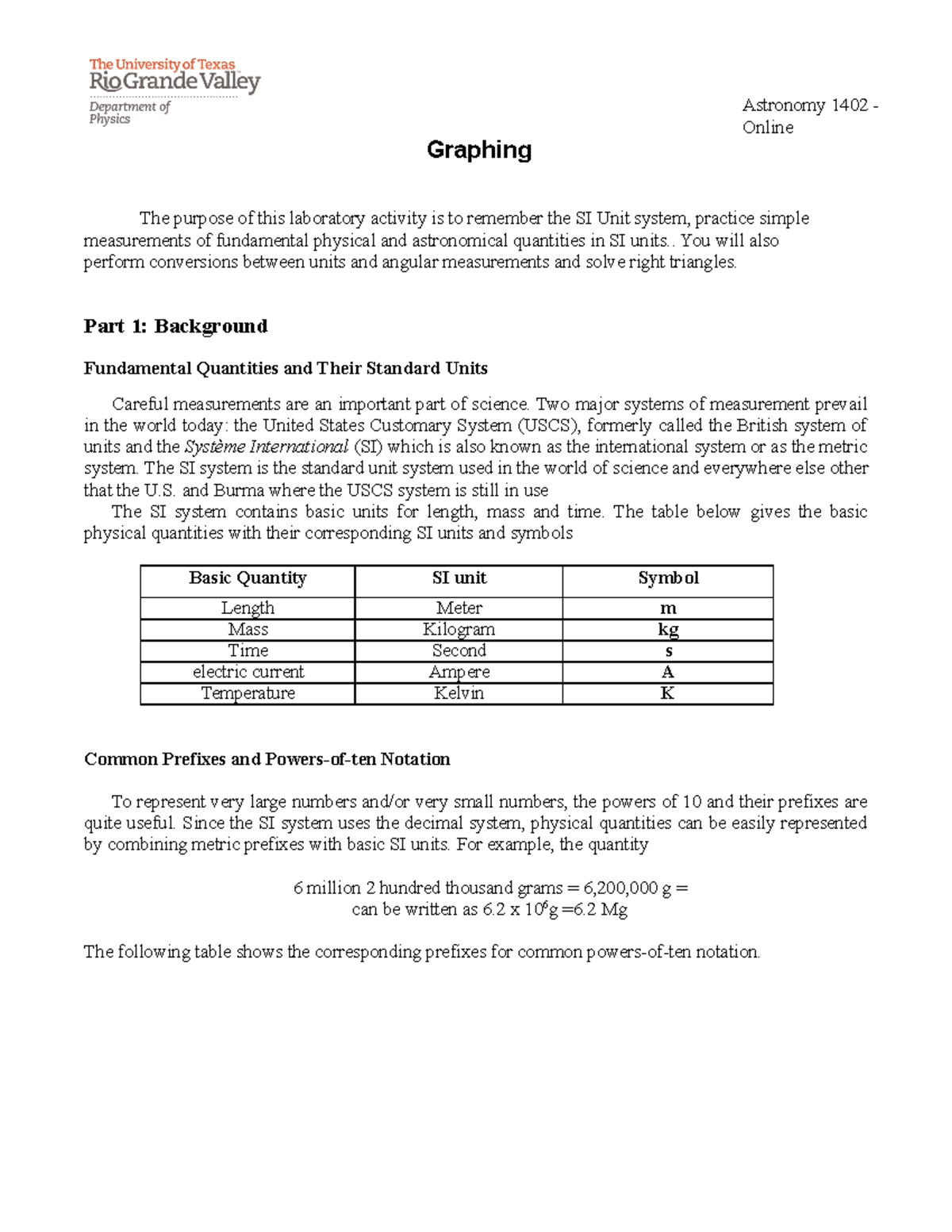 01 Units and Graphing-online - Graphing Astronomy 1402 - Online The purpose of this laboratory ...