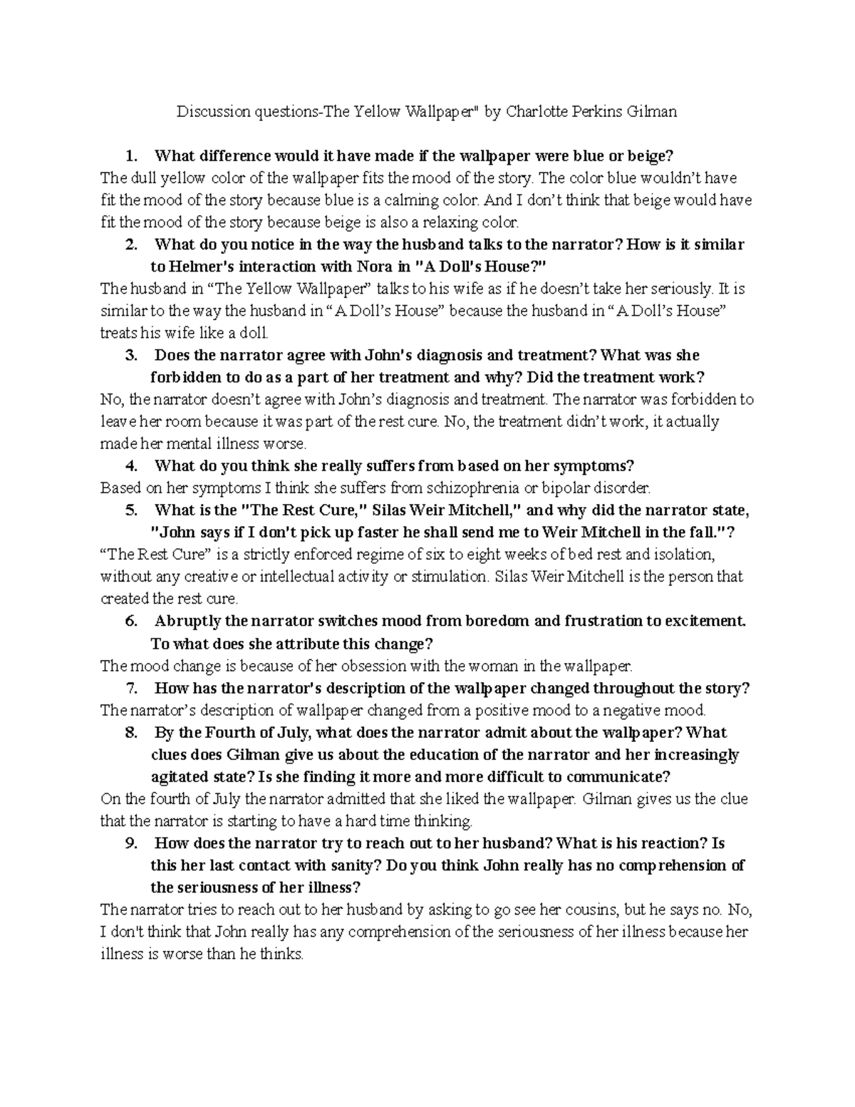 Study Questions For The Yellow Wallpaper at Betty Robin blog