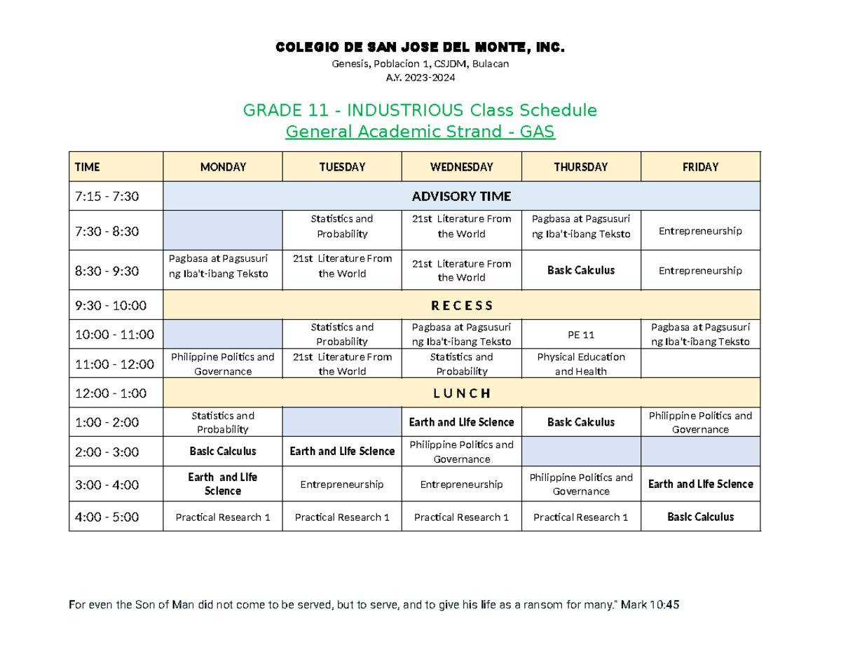 SHS-Class-Schedule- Second-SEM-Edited - Genesis, Poblacion 1, CSJDM, Bulacan A. 2023- GRADE 11 ...
