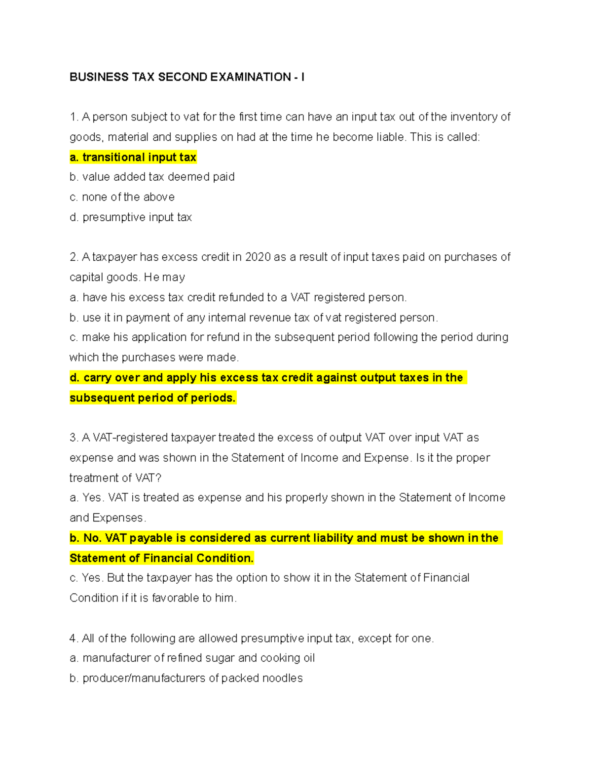 Business TAX Second Examination - I - BUSINESS TAX SECOND EXAMINATION ...