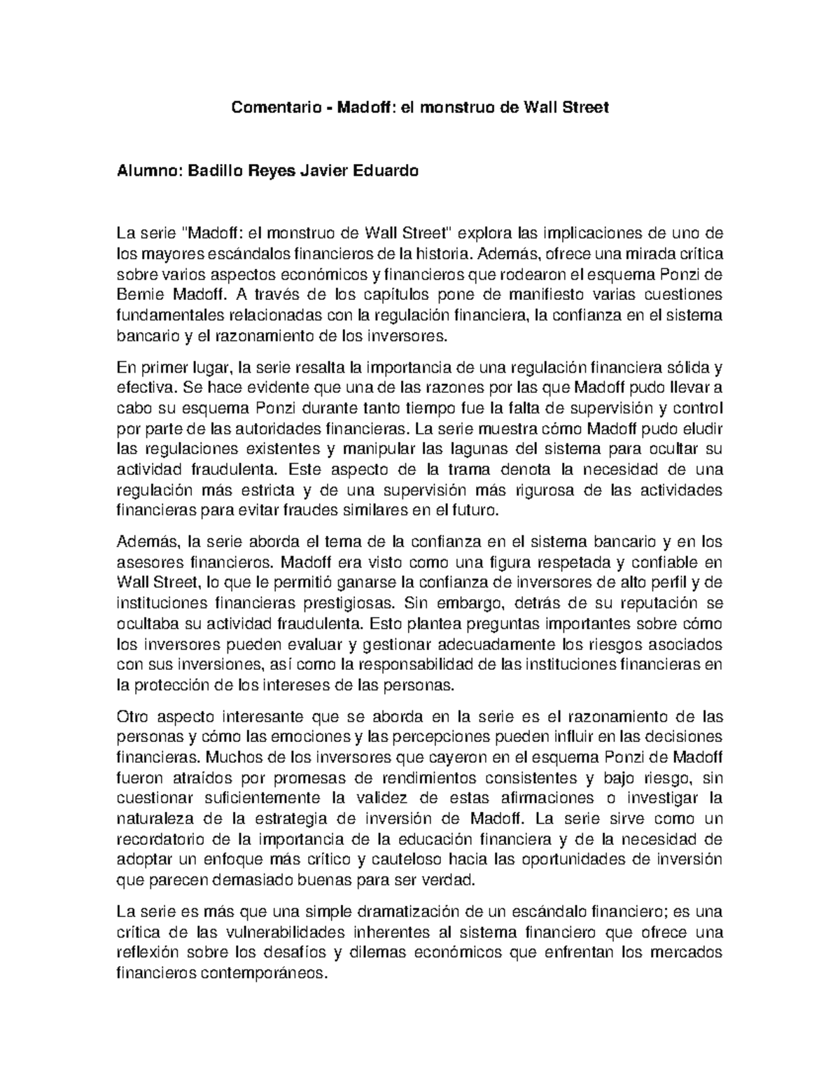 Tarea 2 - Javier Badillo - Comentario - Madoff: el monstruo de Wall ...