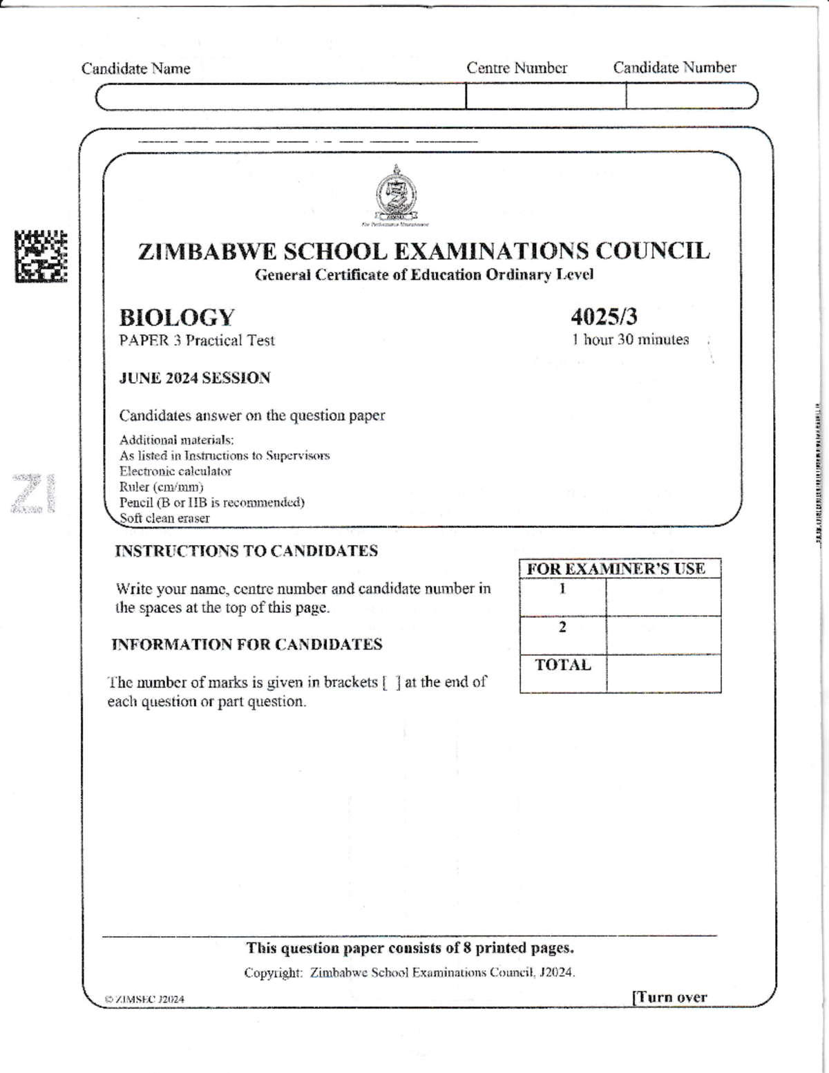 4025 Biology P3 JUNE 2024 20240627 0001 - Candidate Name Centre Number ...