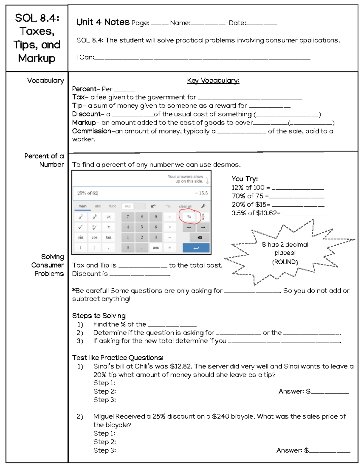 Colton Reich - Tax, Tip, Discount- Student Notes - Unit 4 Notes Page ...