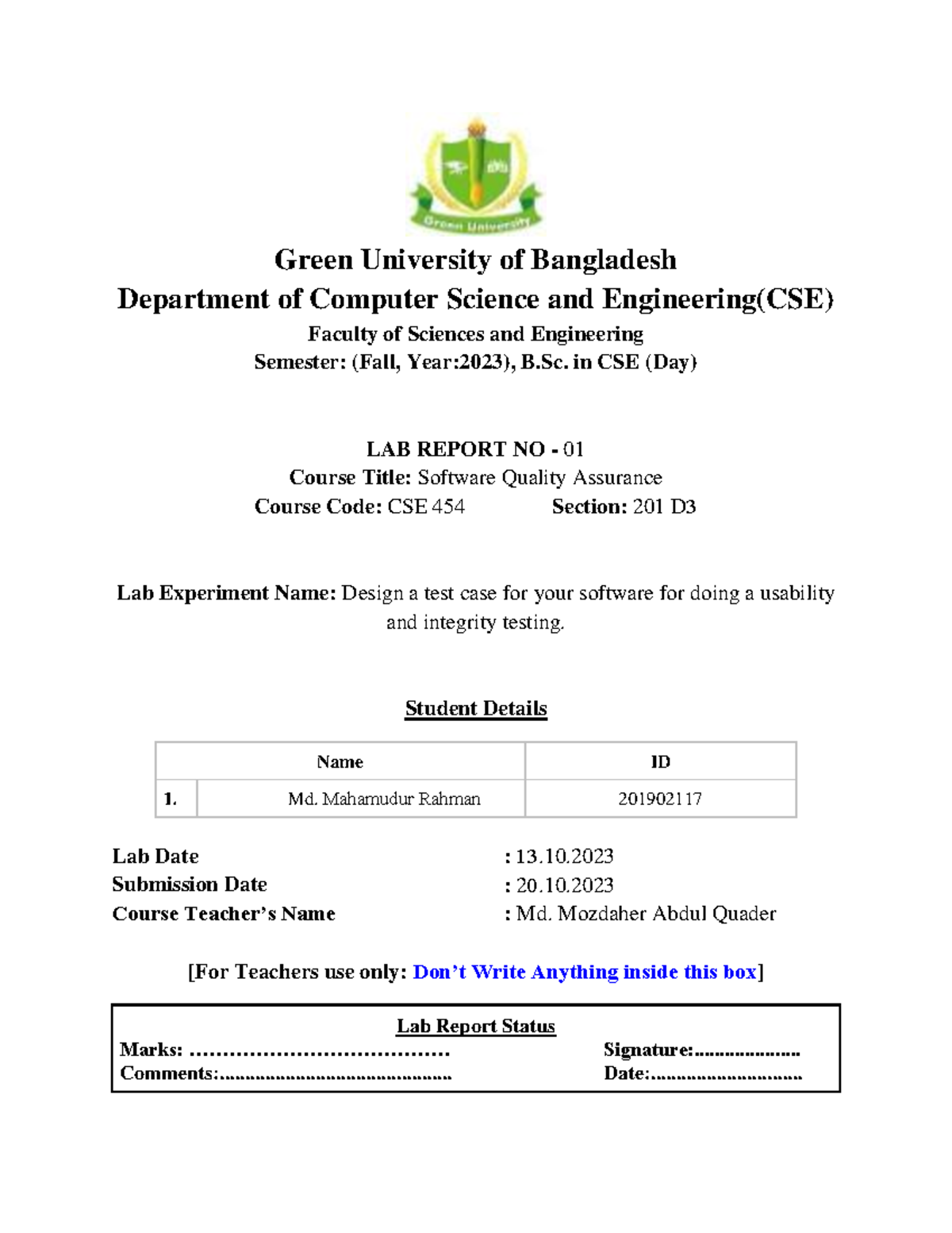 Lab-Report-1 - LAB - Green University of Bangladesh Department of ...