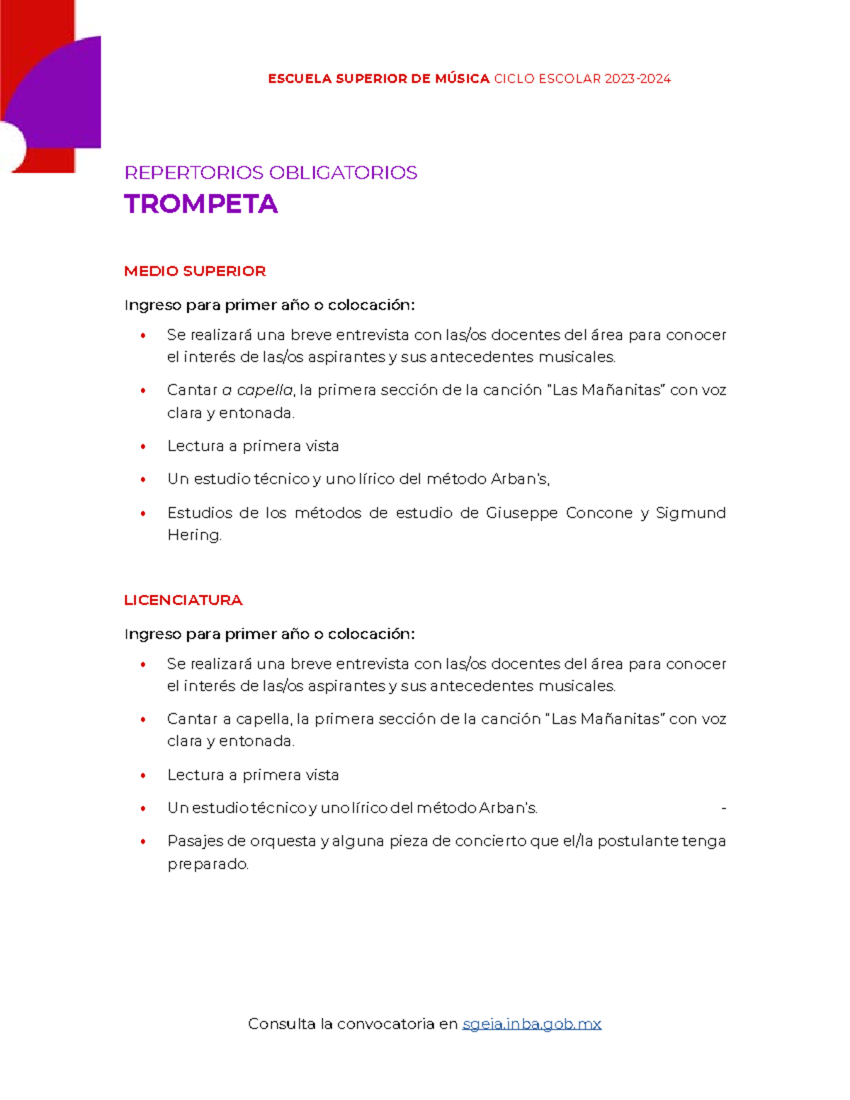 Esm trompeta repertorio 2023 - ESCUELA SUPERIOR DE MÚSICA CICLO ESCOLAR ...