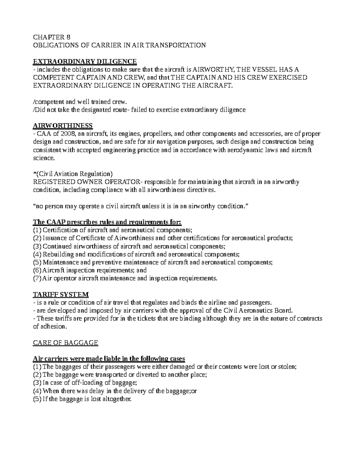 Chapter 8 notes - qwertyuiop - CHAPTER 8 OBLIGATIONS OF CARRIER IN AIR ...