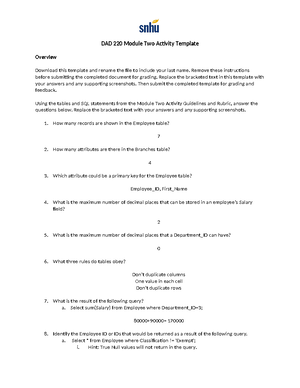 DAD 220 Module Two Lab Template - DAD 220 Module Two Lab Template Overview To complete this lab ...