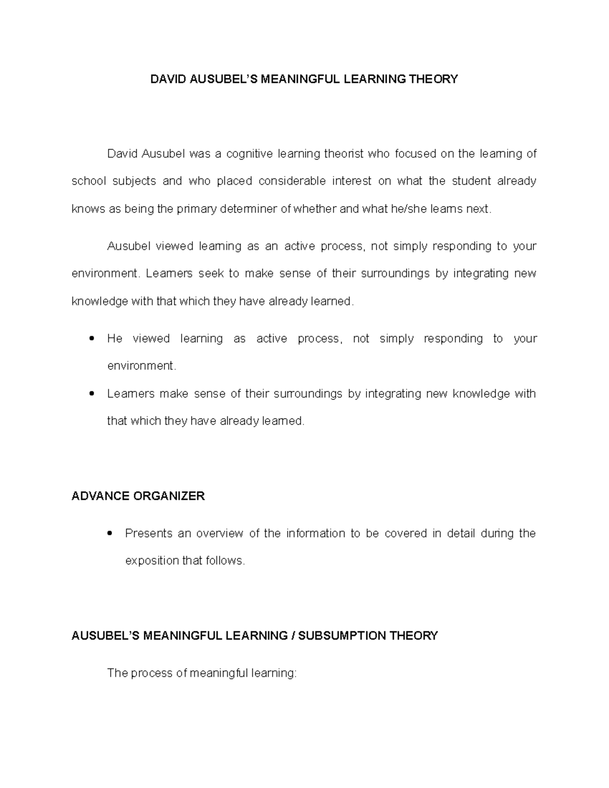 David Ausubel’s Meaningful Learning Theory - DAVID AUSUBEL’S MEANINGFUL ...
