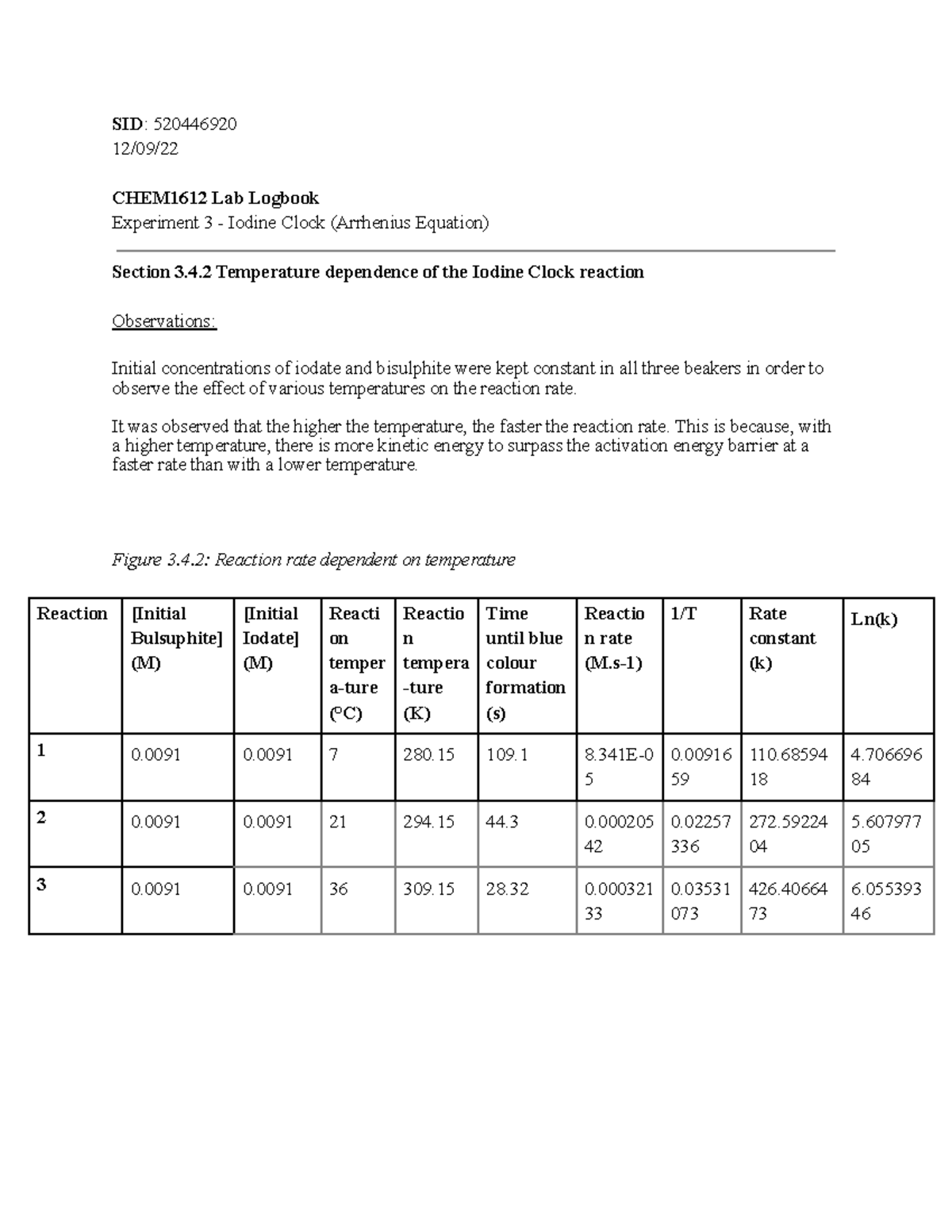 Experiment 3 - Iodine Clock (Arrhenius Equation) - SID : 520446920 12/09/ CHEM1612 Lab Logbook ...