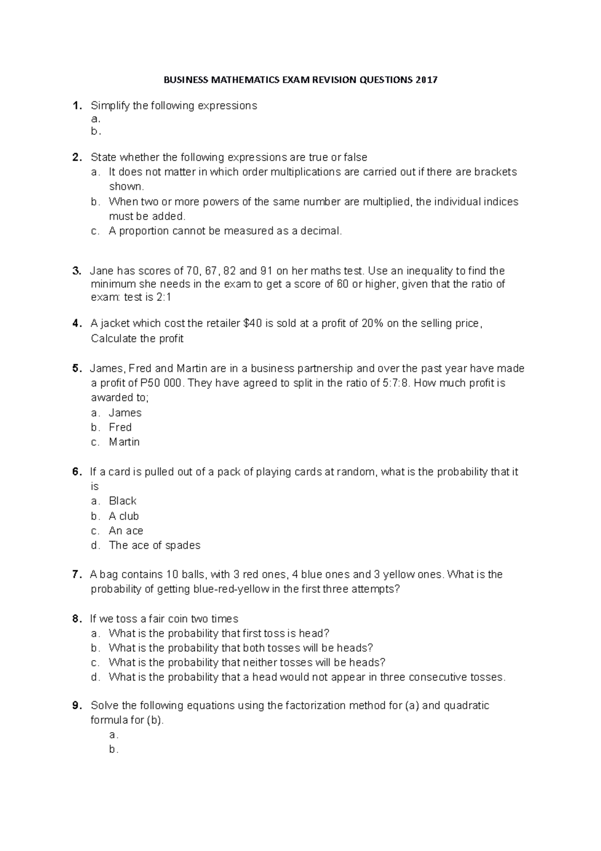 Business Maths Exam revision questions - BUSINESS MATHEMATICS EXAM ...