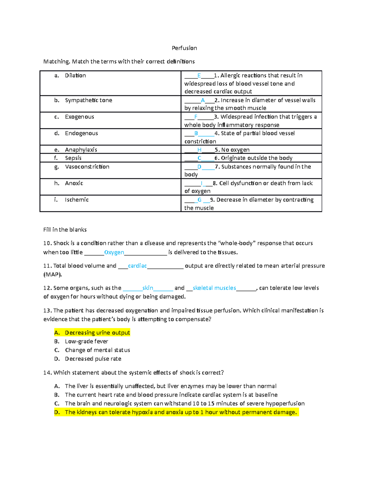 Perfusion Week 2 in class activity answers - Perfusion Matching. Match ...
