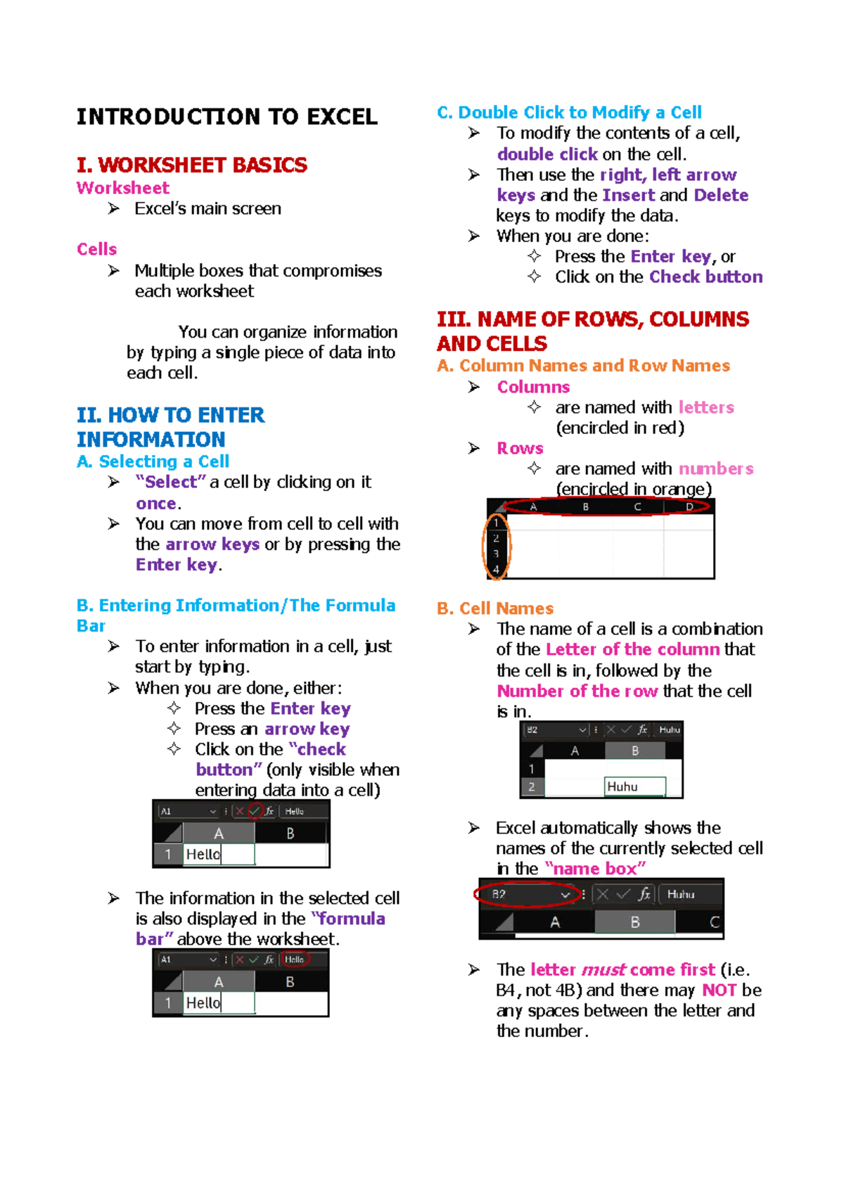 Introduction-TO- Excel - INTRODUCTION TO EXCEL I. WORKSHEET BASICS ...
