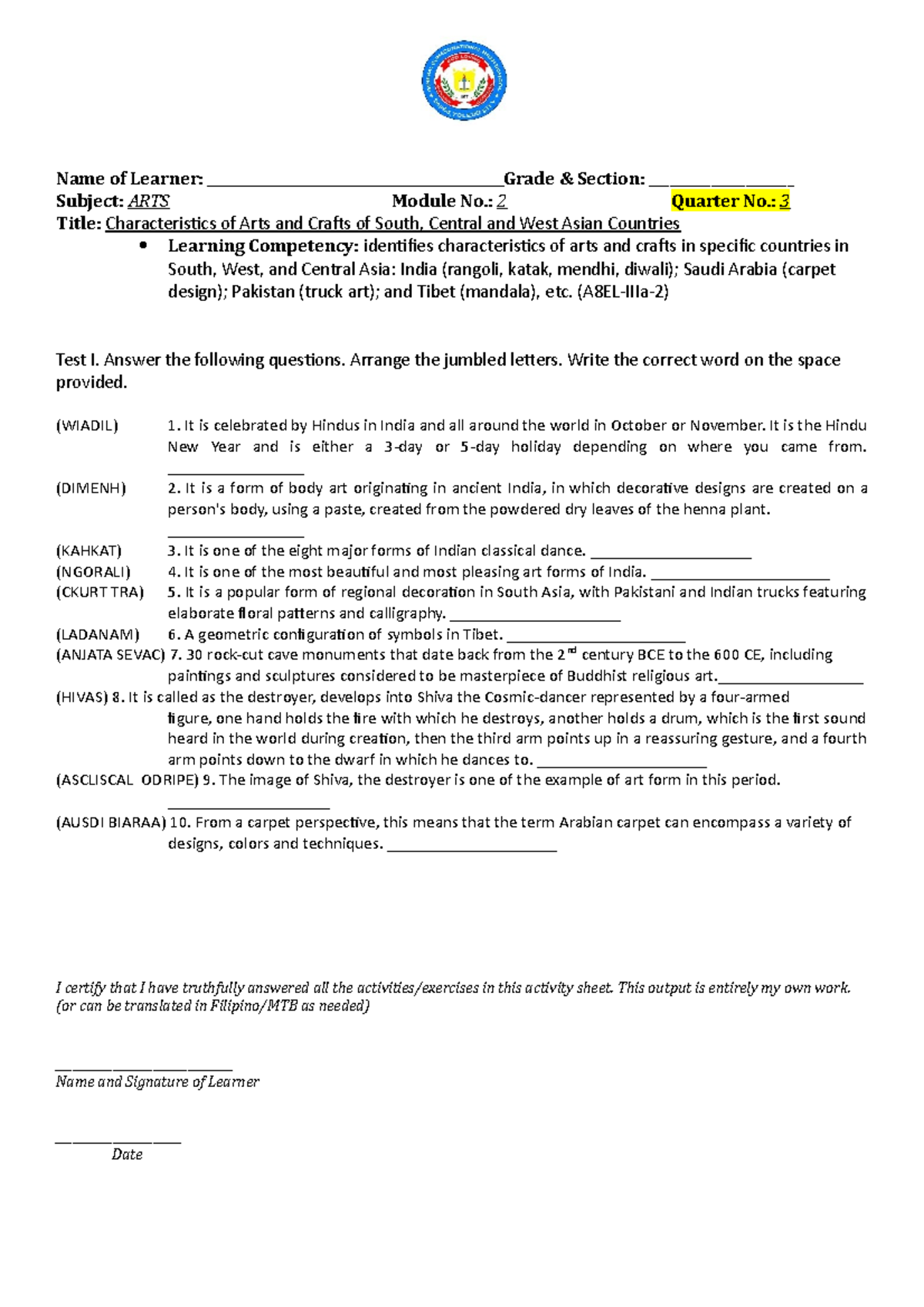LAS Q3 ARTS Module 2 - Name of Learner: __ Grade & Section ...