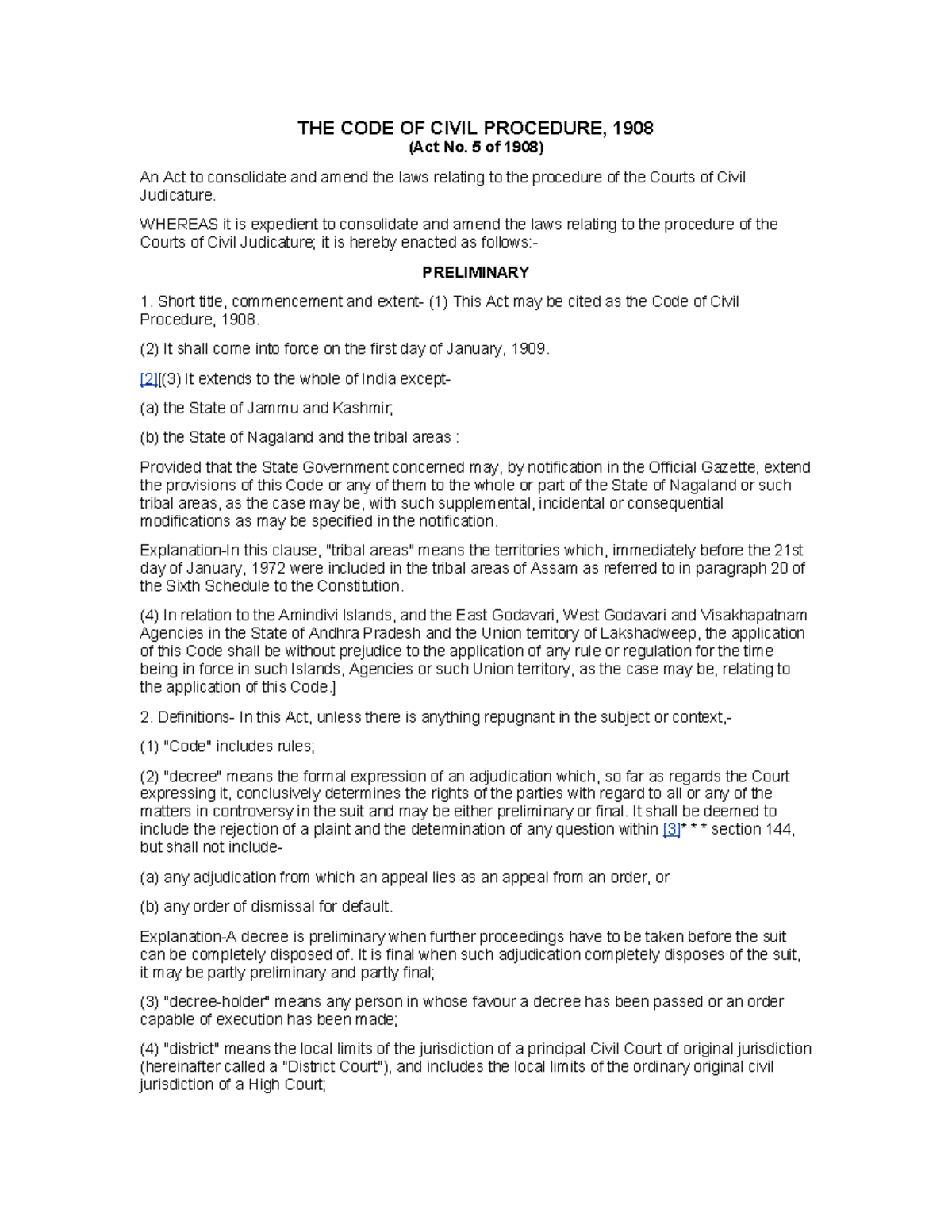 Civil Procedure Code Bare Act - THE CODE OF CIVIL PROCEDURE, 1908 (Act No. 5 of 1908) An Act to ...