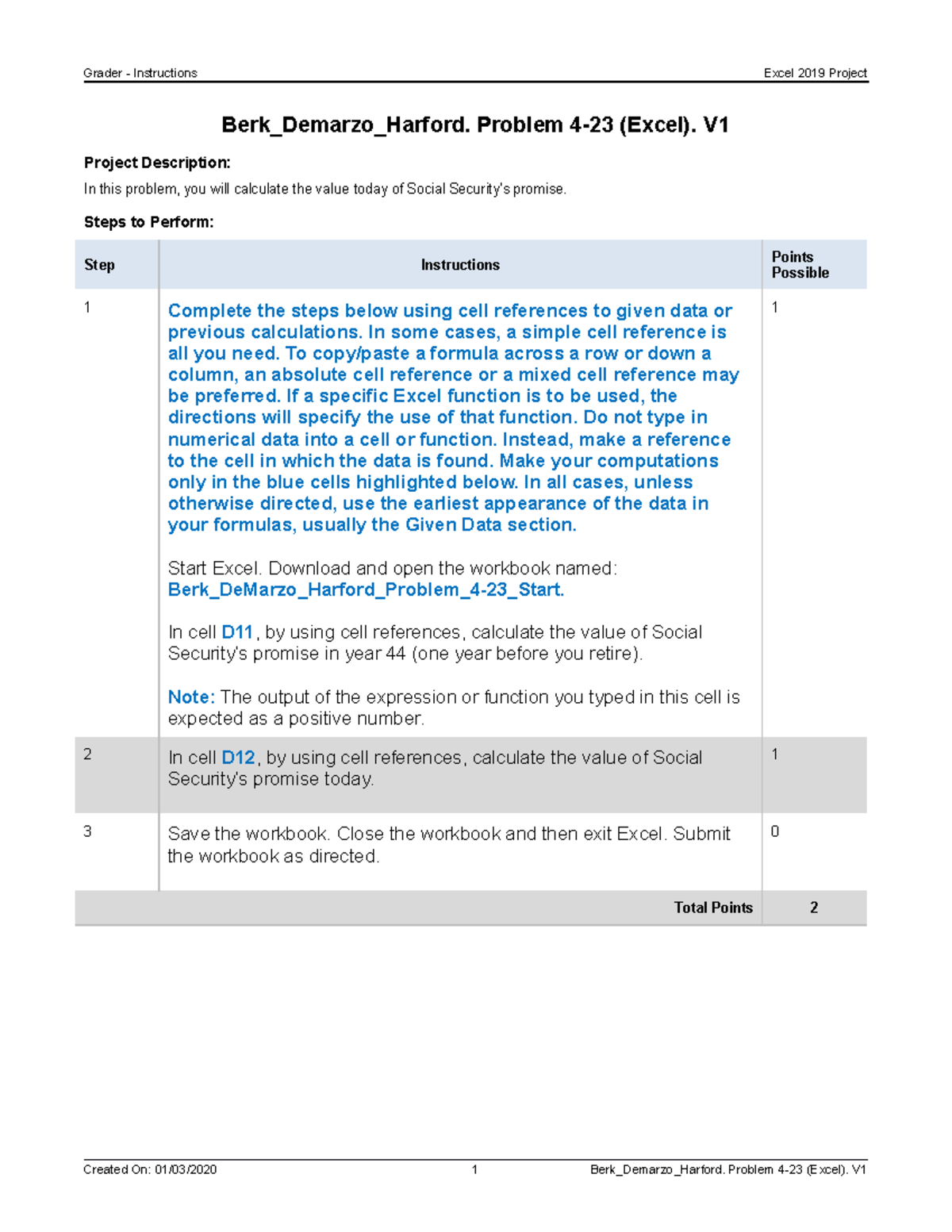Berk Demarzo Harford. Problem 4-23 (Excel). V1 Instructions - Grader ...