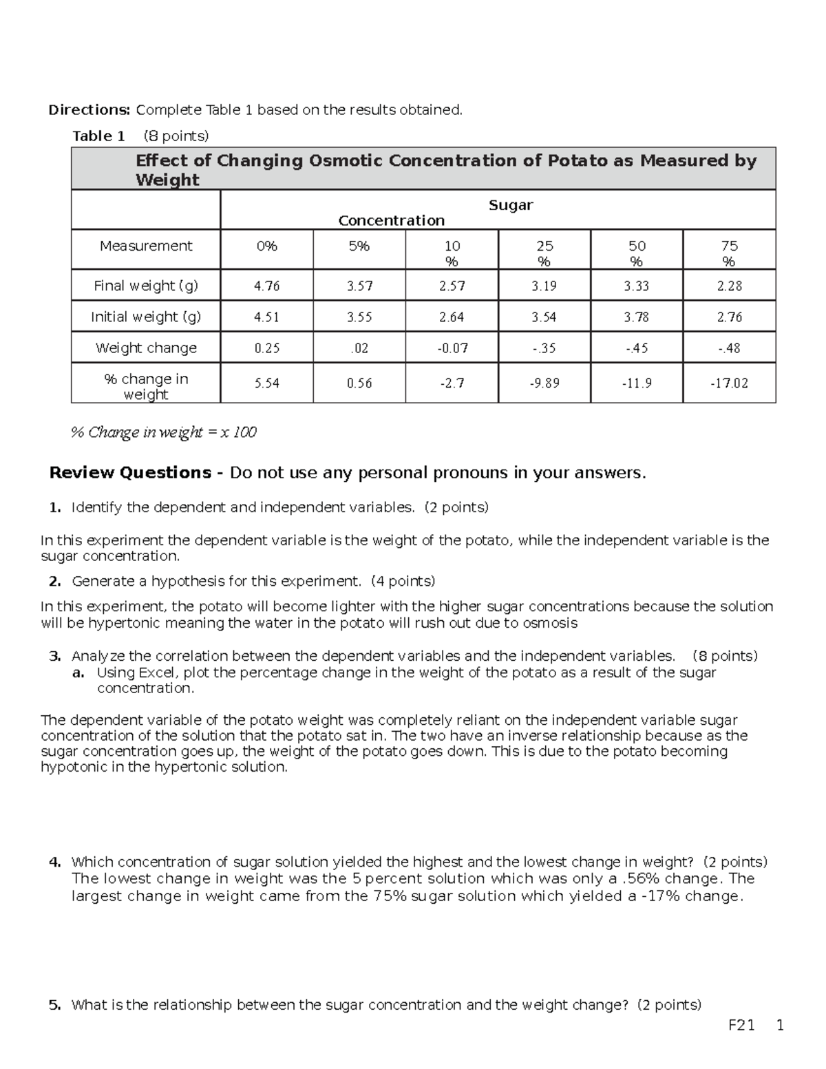 Scientific Investigation Worksheet - Directions: Complete Table 1 based ...