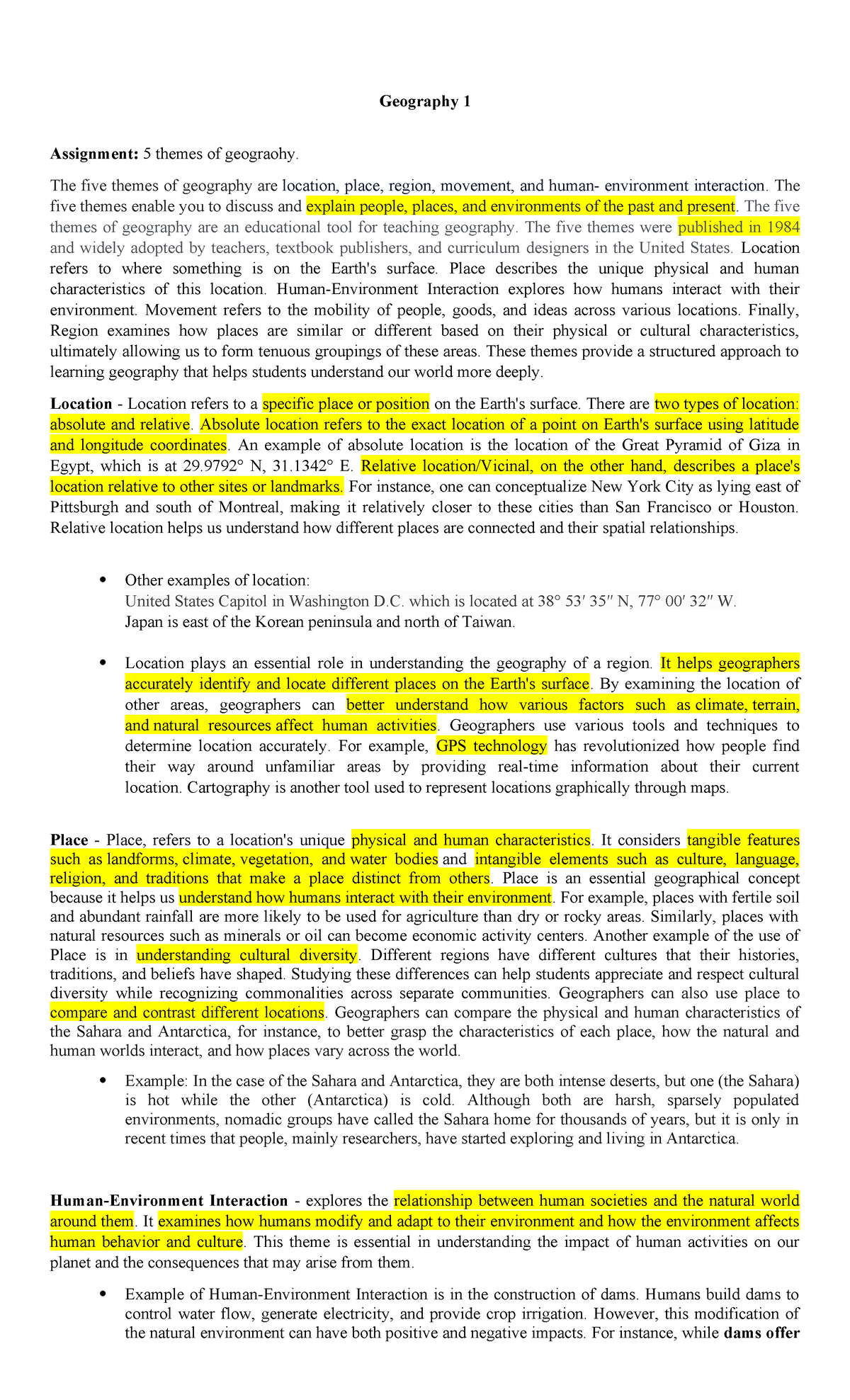 Components of Geography - Geography 1 Assignment: 5 themes of geograohy ...