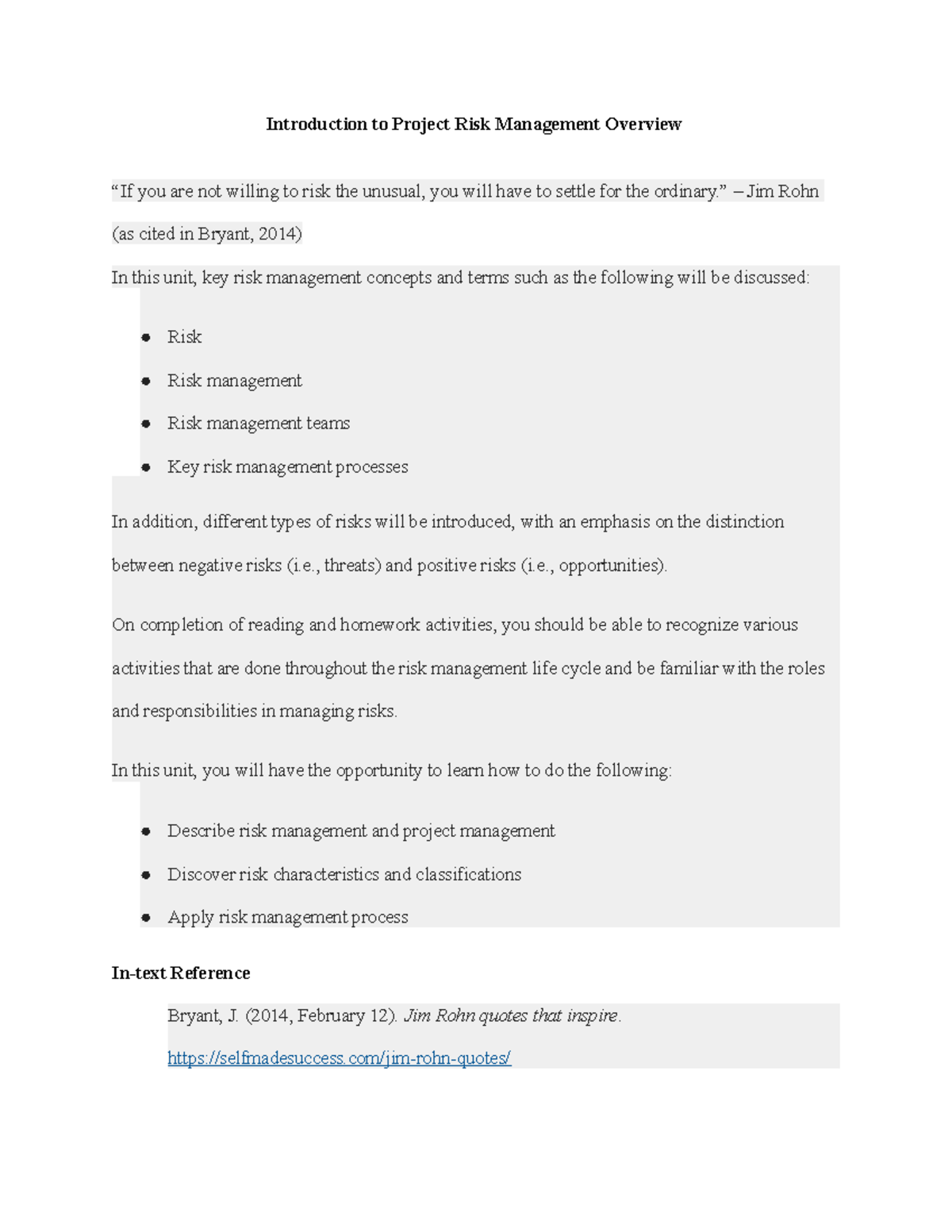 Unit 1 Project Risk Management Overview (MGMT440-2105A-02 ...