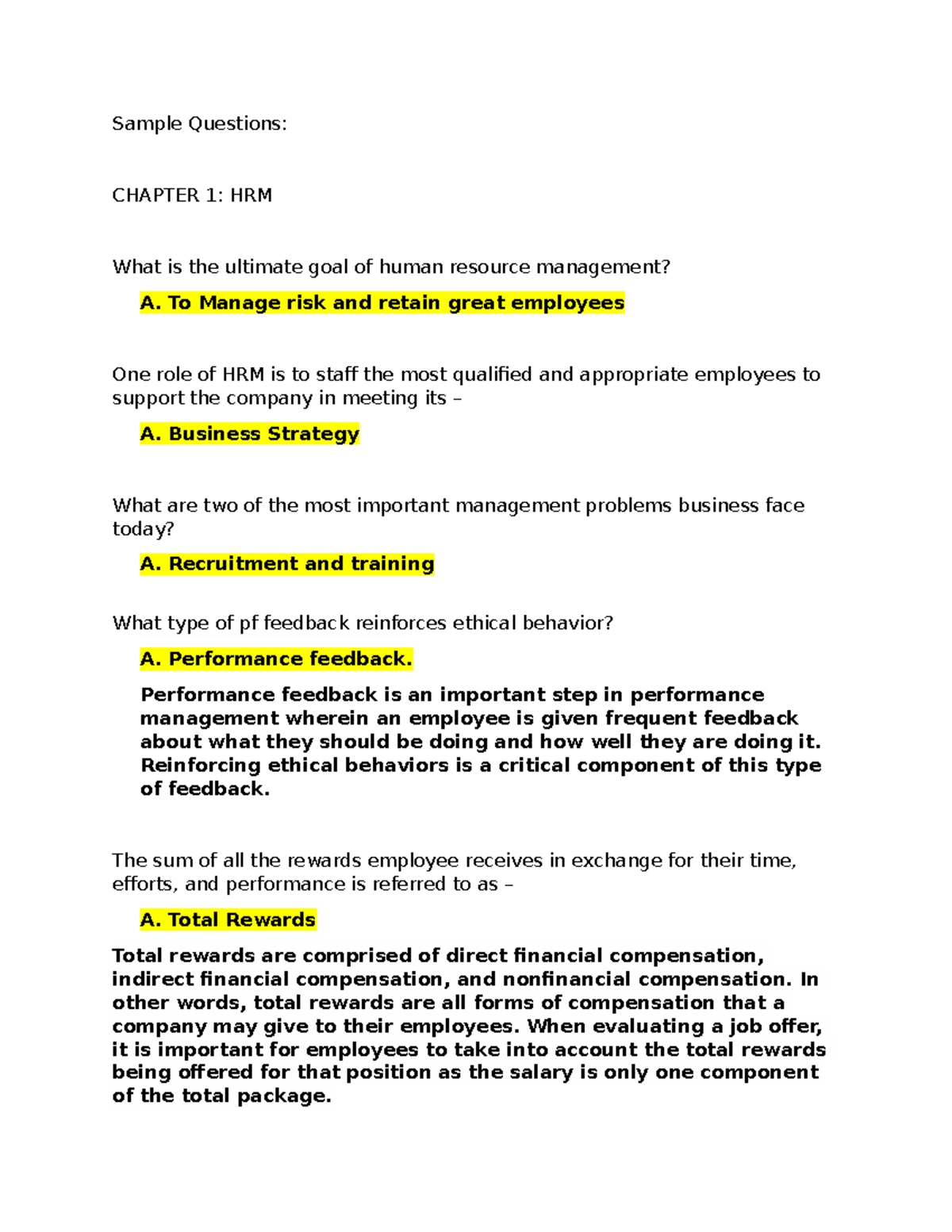 Sample Questions C202 - Sample Questions: CHAPTER 1: HRM What is the ...
