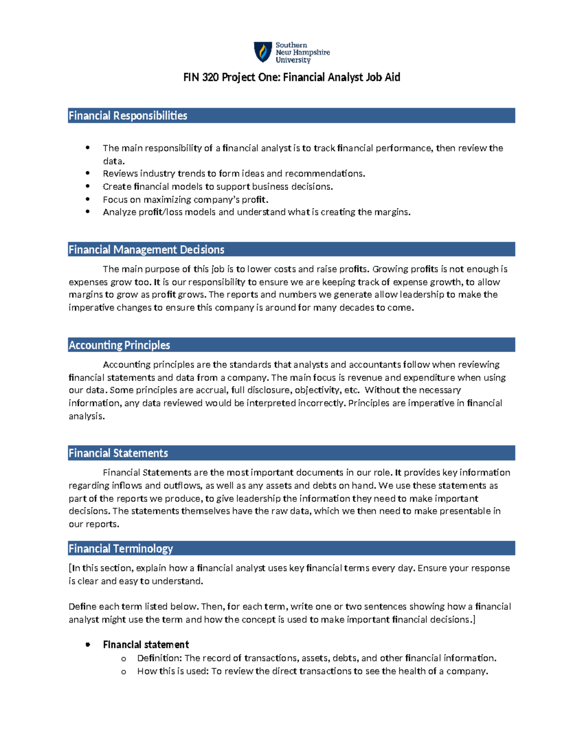 FIN 320 Project One Financial Analyst Job Aid - Reviews industry trends ...