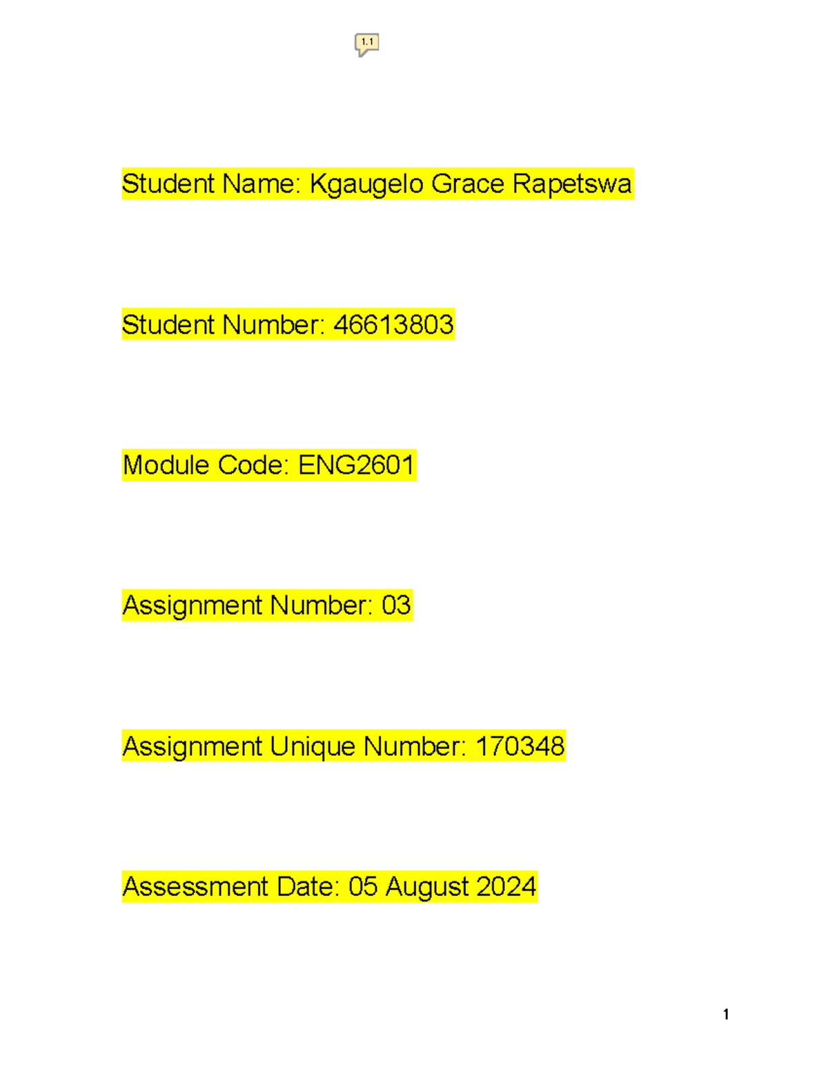 ENG2601 Assignment 3 2024 - Student Name: Kgaugelo Grace Rapetswa Student Number: Module Code ...