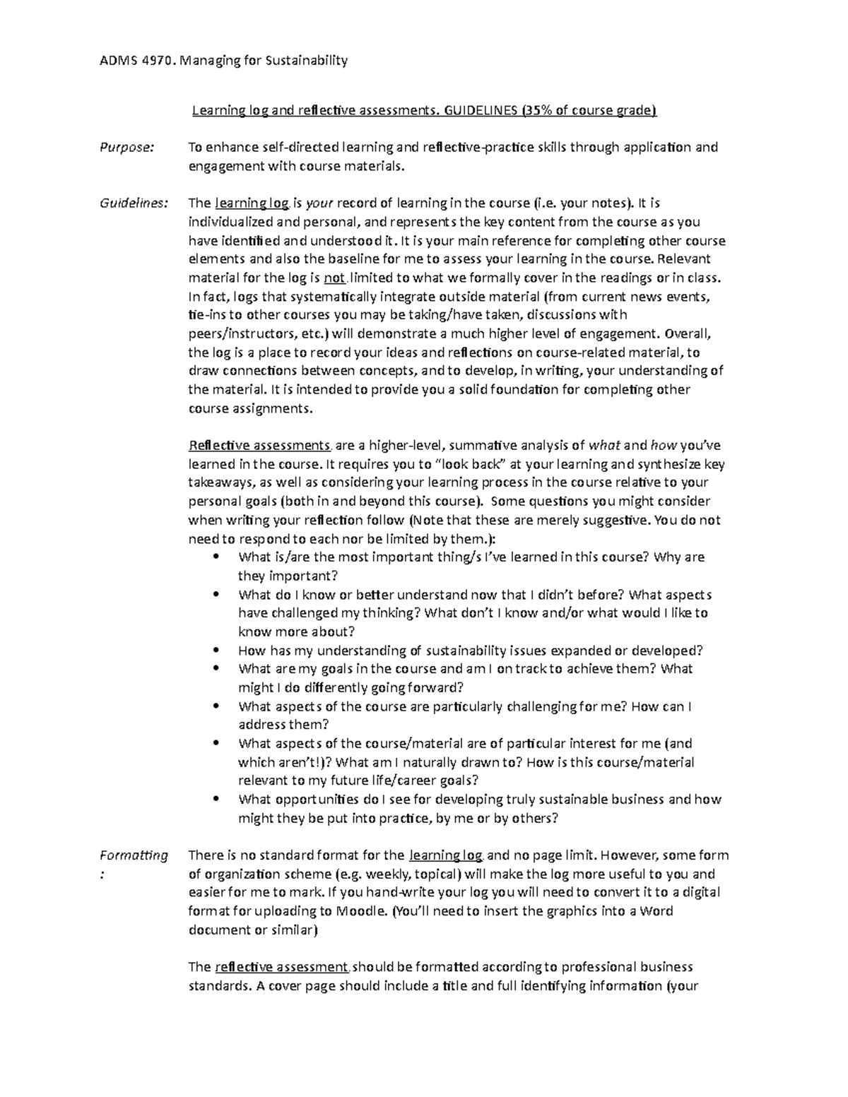 3. Learning log and reflective assessments. Guidelines - ULearning log ...
