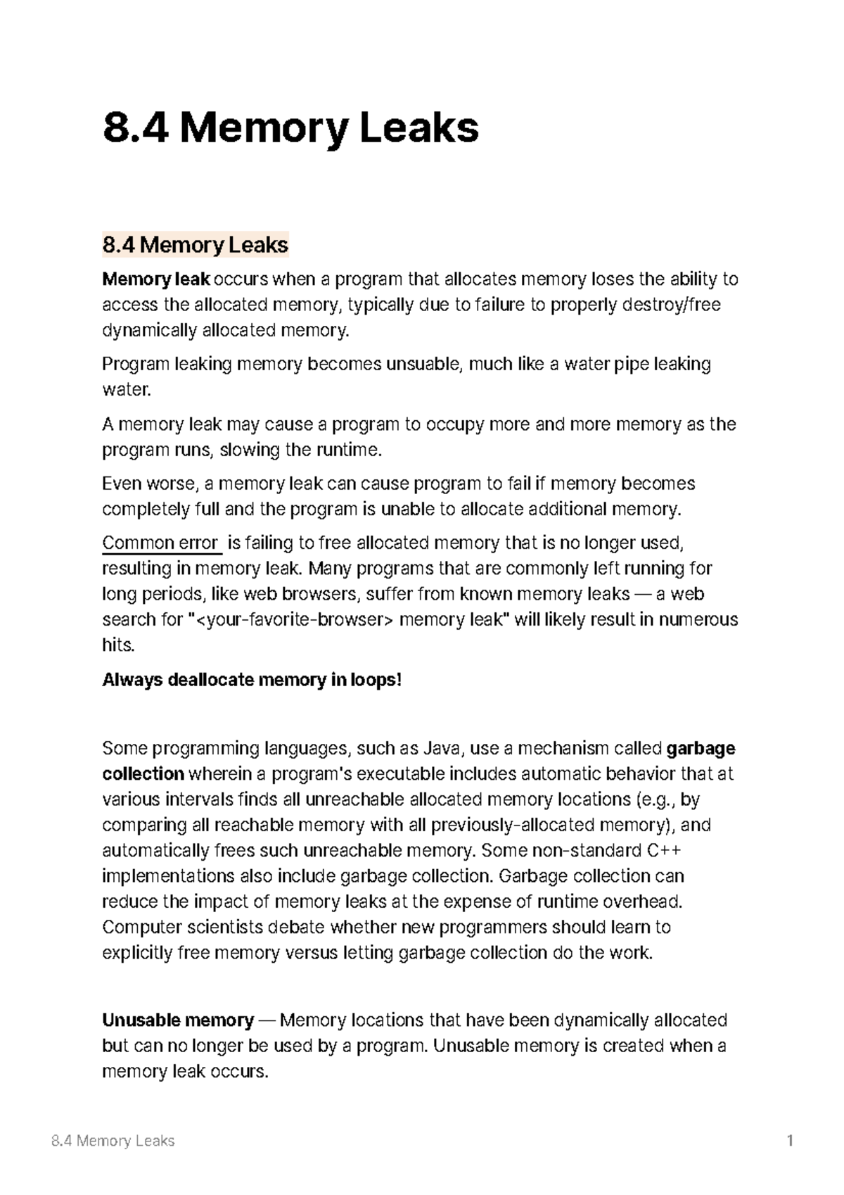 8.3 Destructors - 8 Memory Leaks 8 Memory Leaks Memory leak occurs when ...