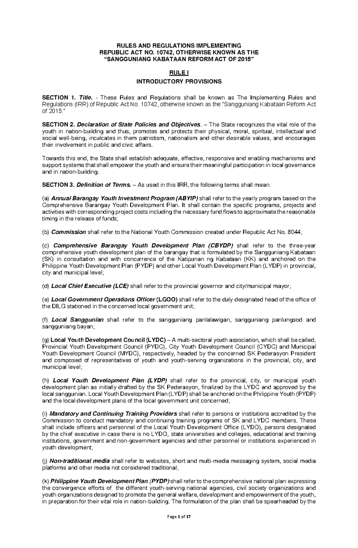 2016-IRR-RA-10742-Sangguniang Kabataan IRR - Bachelor of Arts in ...