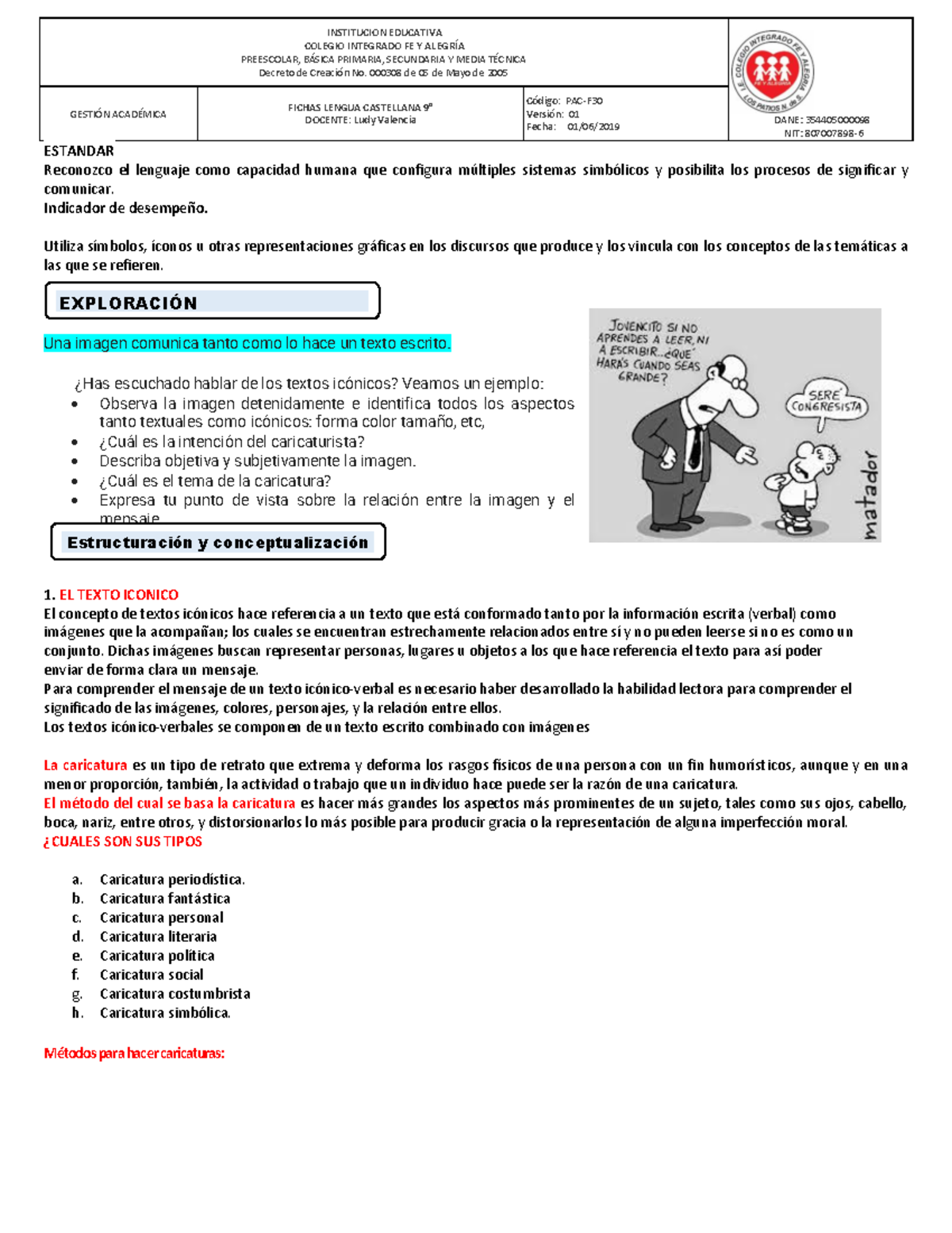 Ficha lectura 2 Lenguaje iconico y caricatura 9 - INSTITUCION EDUCATIVA ...