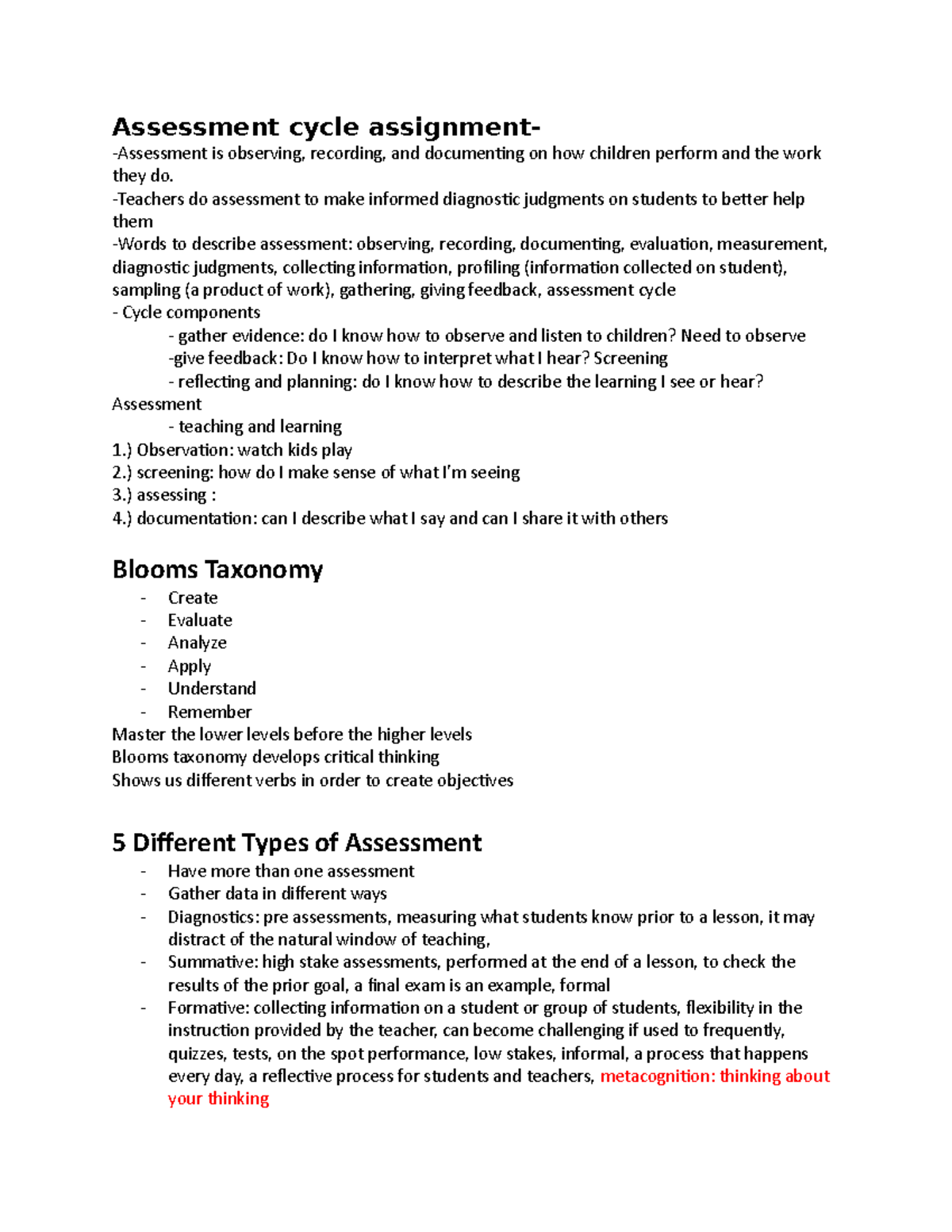 Assessment notes - Assessment cycle assignment-Assessment is observing ...