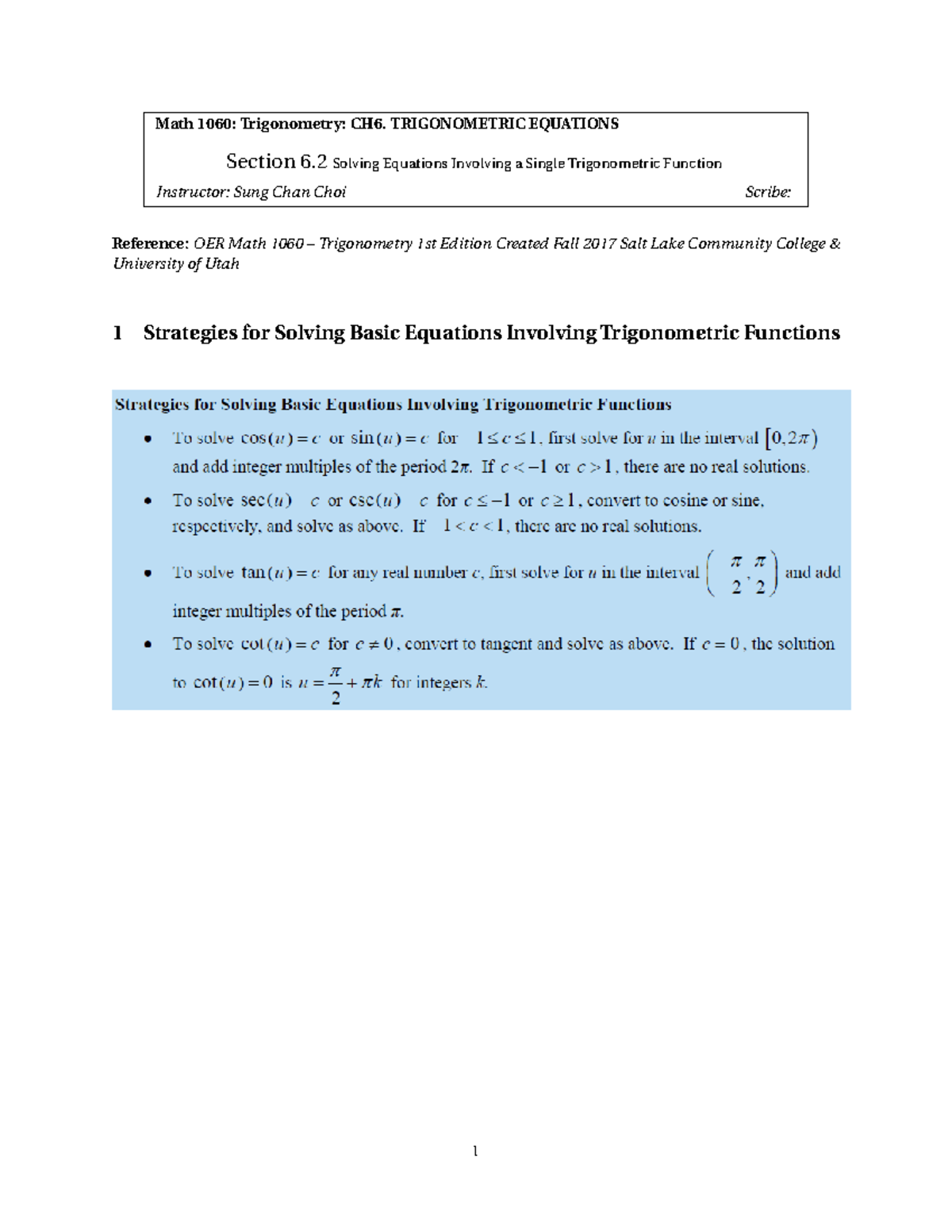 Solving equations involving a single trigonometric function - Math 1060 ...