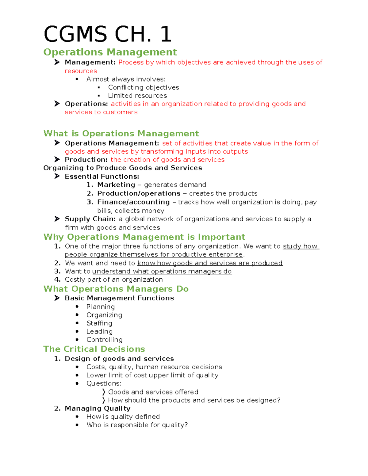 Ch. 1 - Summary Operations Management - Operations Management ...