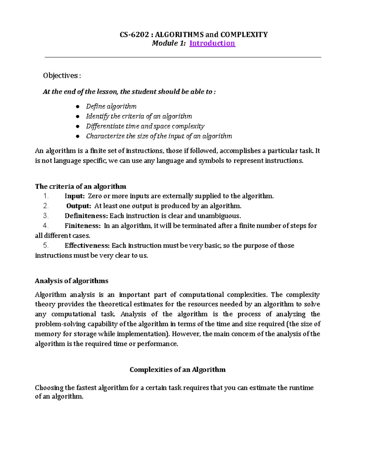 Module 1 - Introduction to Algorithms and Complexity - Module 1: Introduction Objectives : At ...