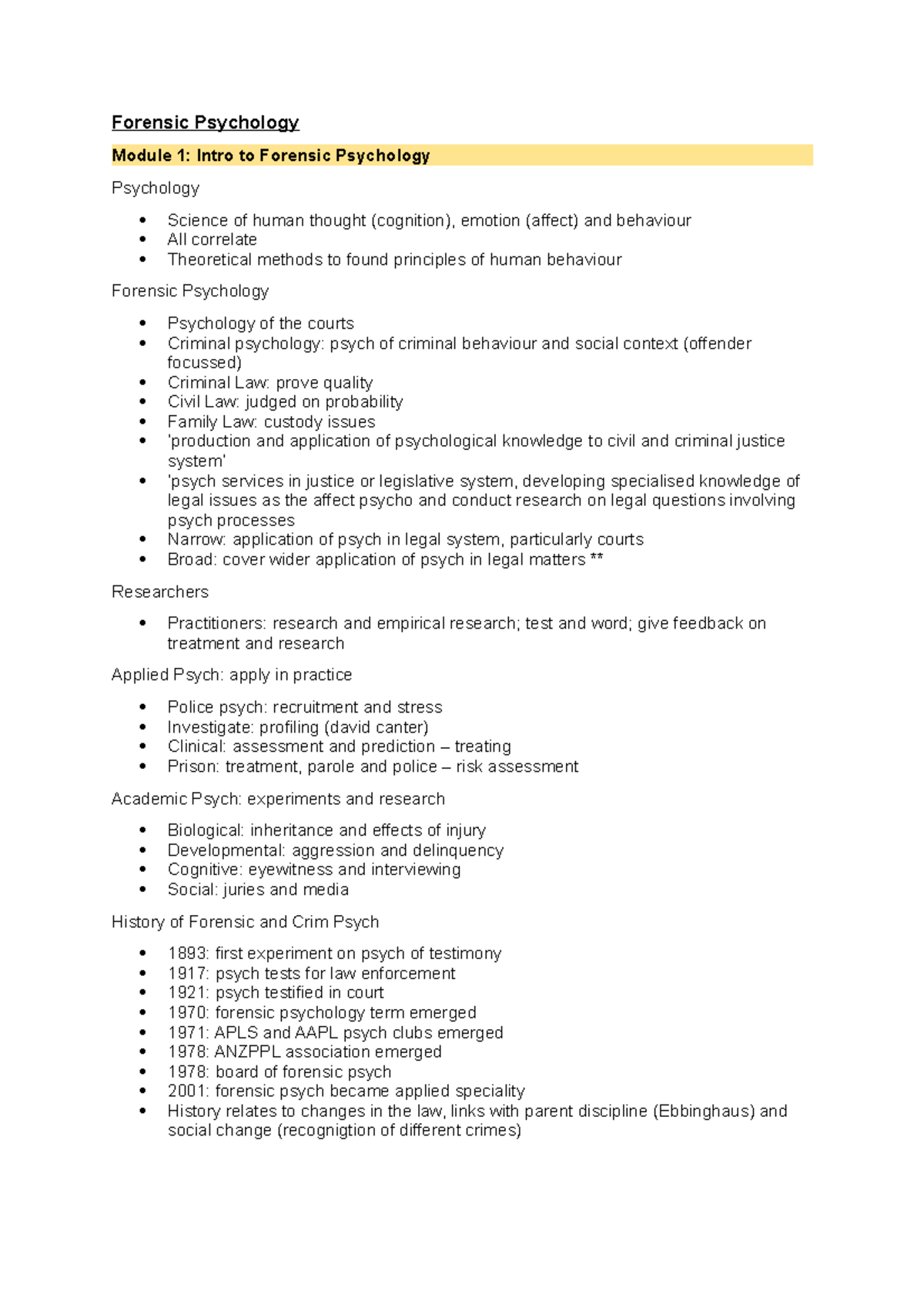 Forensic Psychology notes - Forensic Psychology Module 1: Intro to ...