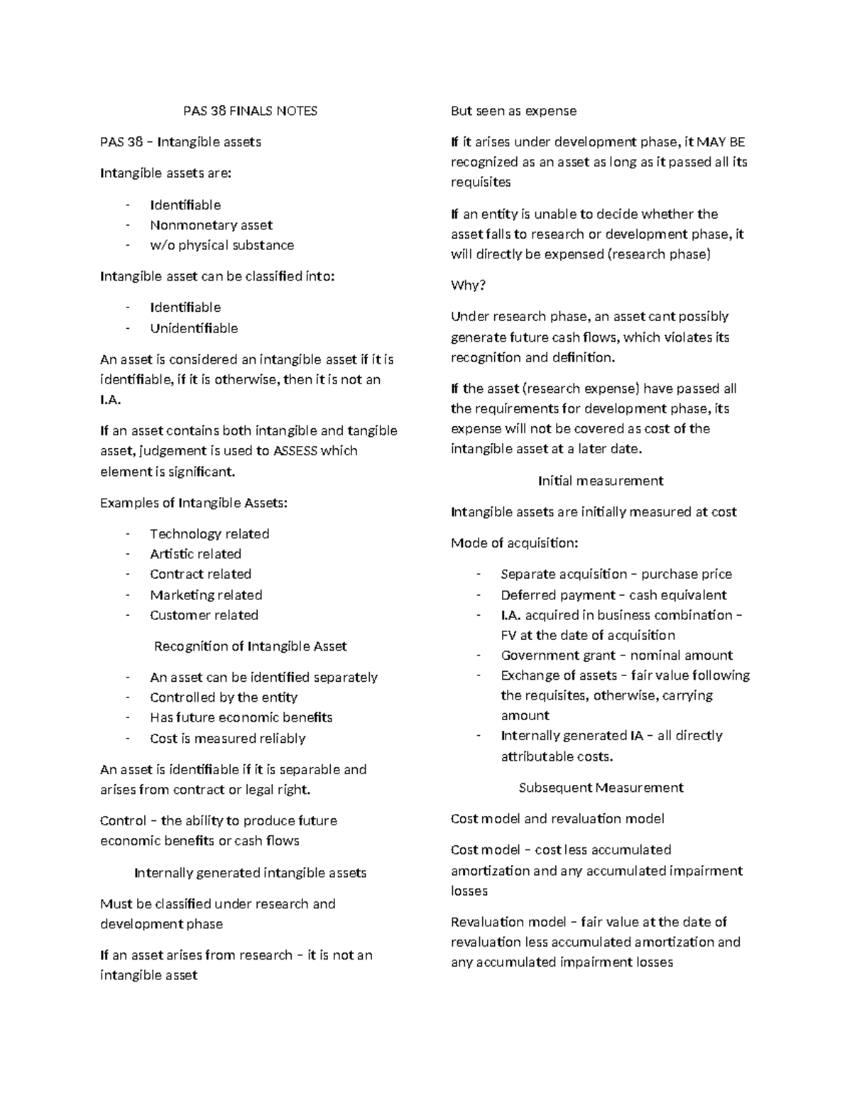 PAS 38, 40, 41 Finals notes - PAS 38 FINALS NOTES PAS 38 – Intangible ...