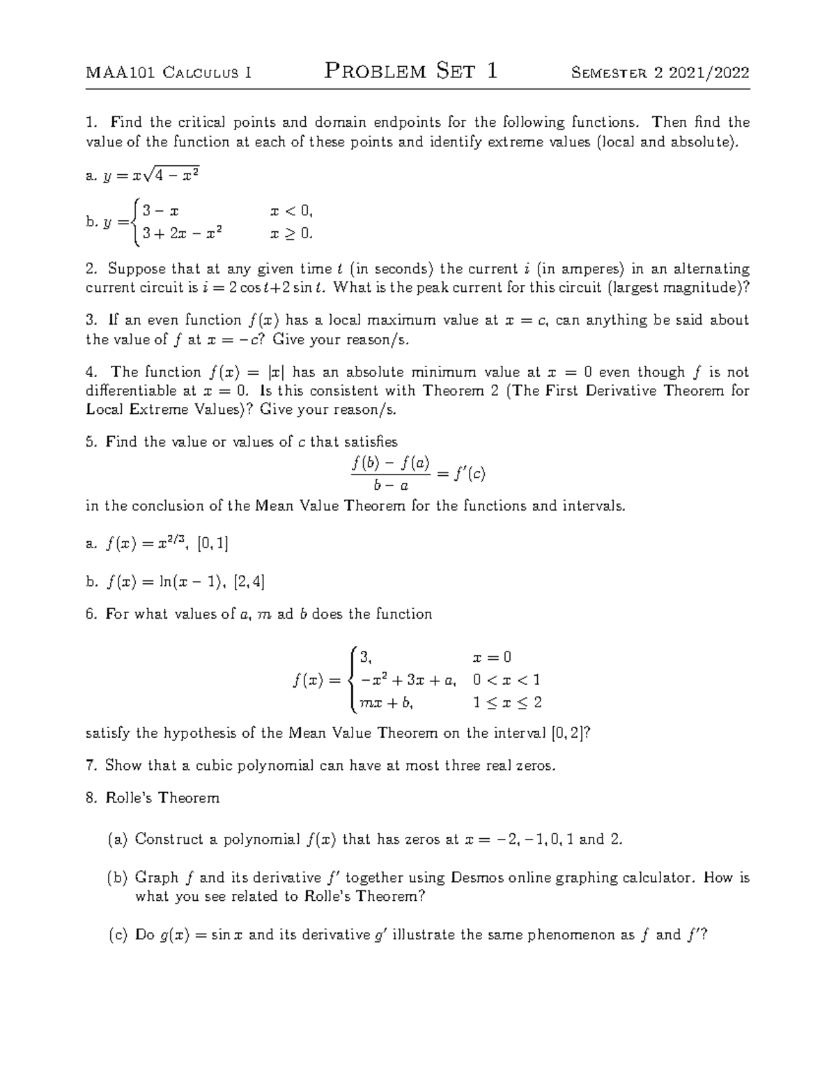 27. Problem Set 1 MAA101 - MAA101 Calculus I Problem Set 1 Semester 2 2021/ Find the critical ...