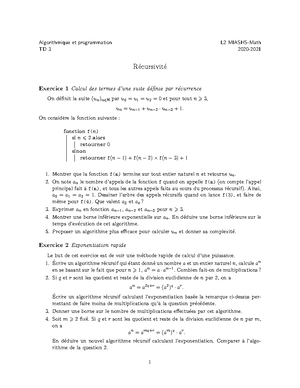 Td2 - Td2 - Algorithmique et programmation L2 MIASHS-Math TD 2 2020- Tris na ̈ıfs Exercice - Studocu