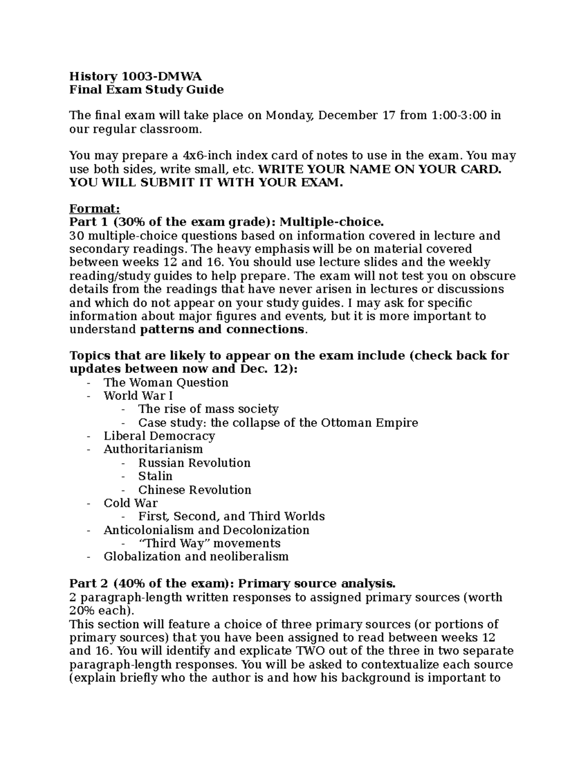 Final Exam Study Guide - You may prepare a index card of notes to use ...