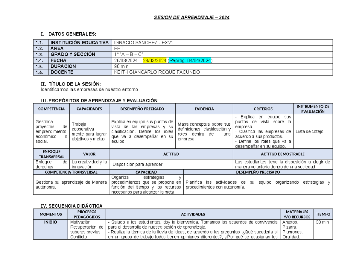 3. Identificamos las empresas de nuestro entorno - SESIÓN DE APRENDIZAJE – 2024 I. DATOS ...