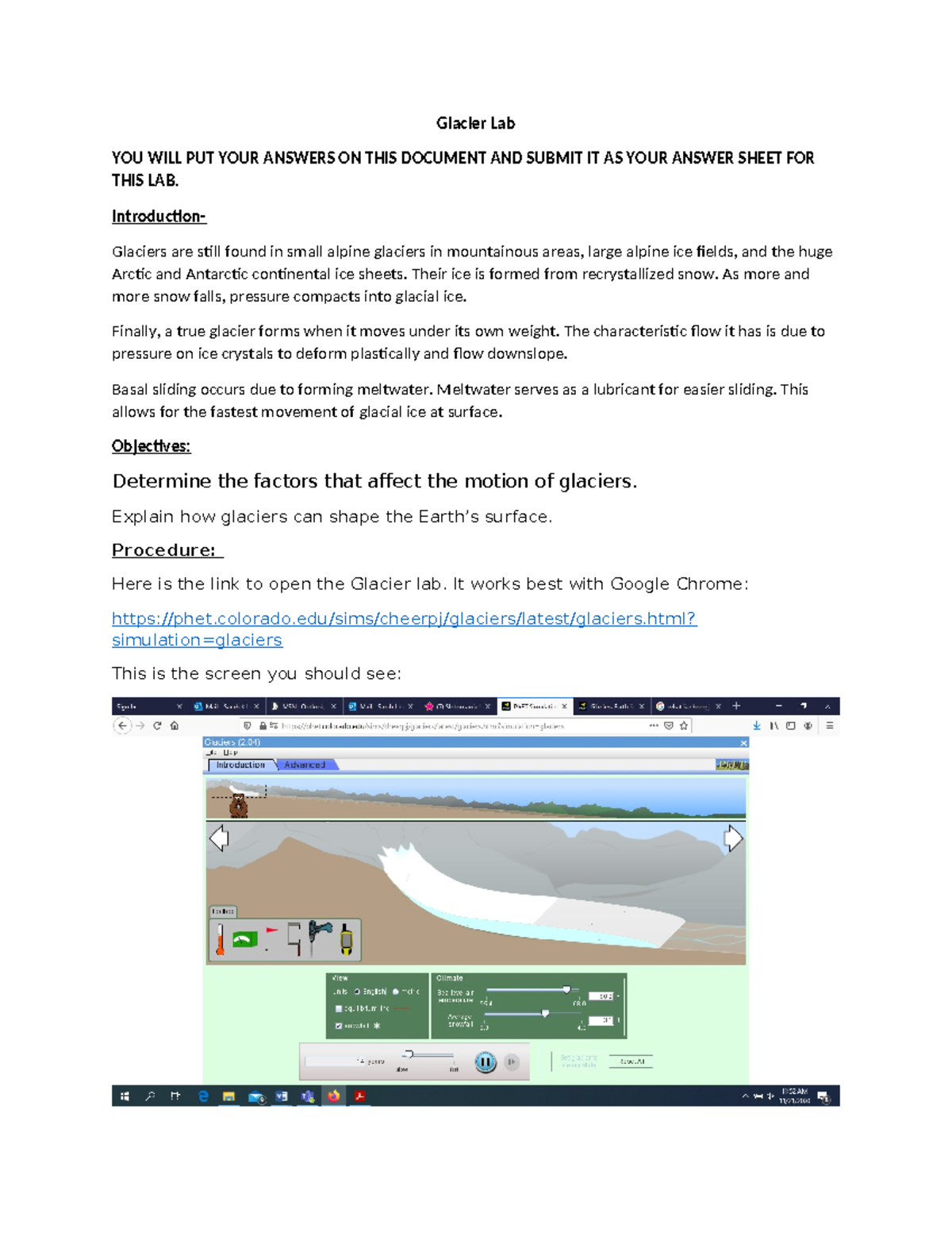 SCIN111Glacier Lab and Answer Sheet - Glacier Lab YOU WILL PUT YOUR ...