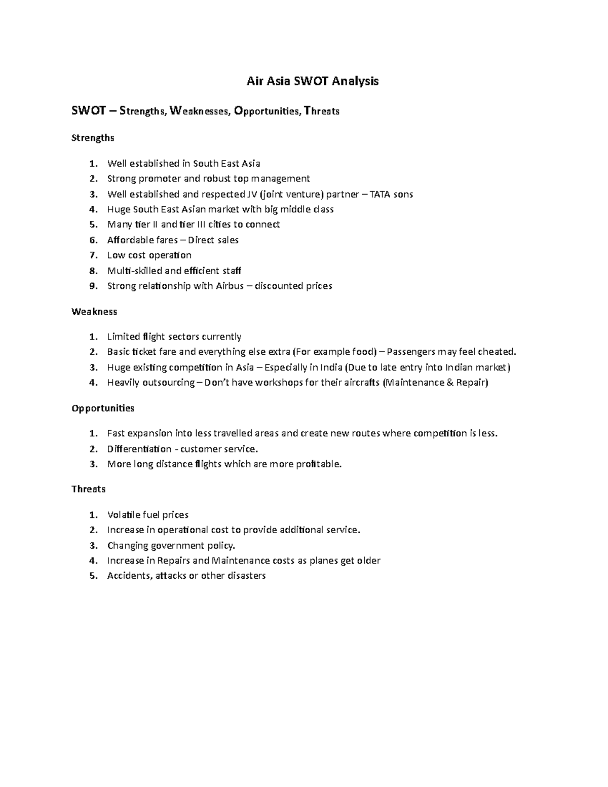 189819547 Air Asia SWOT - Air Asia SWOT Analysis SWOT – Strengths ...