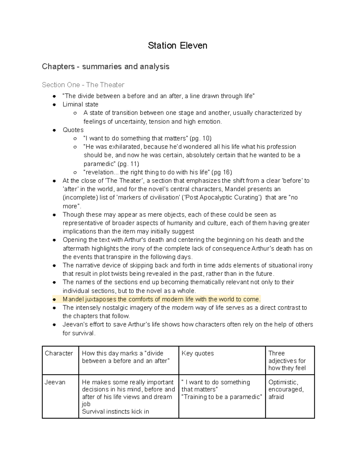 Notes - Station Eleven Chapters - summaries and analysis Section One ...