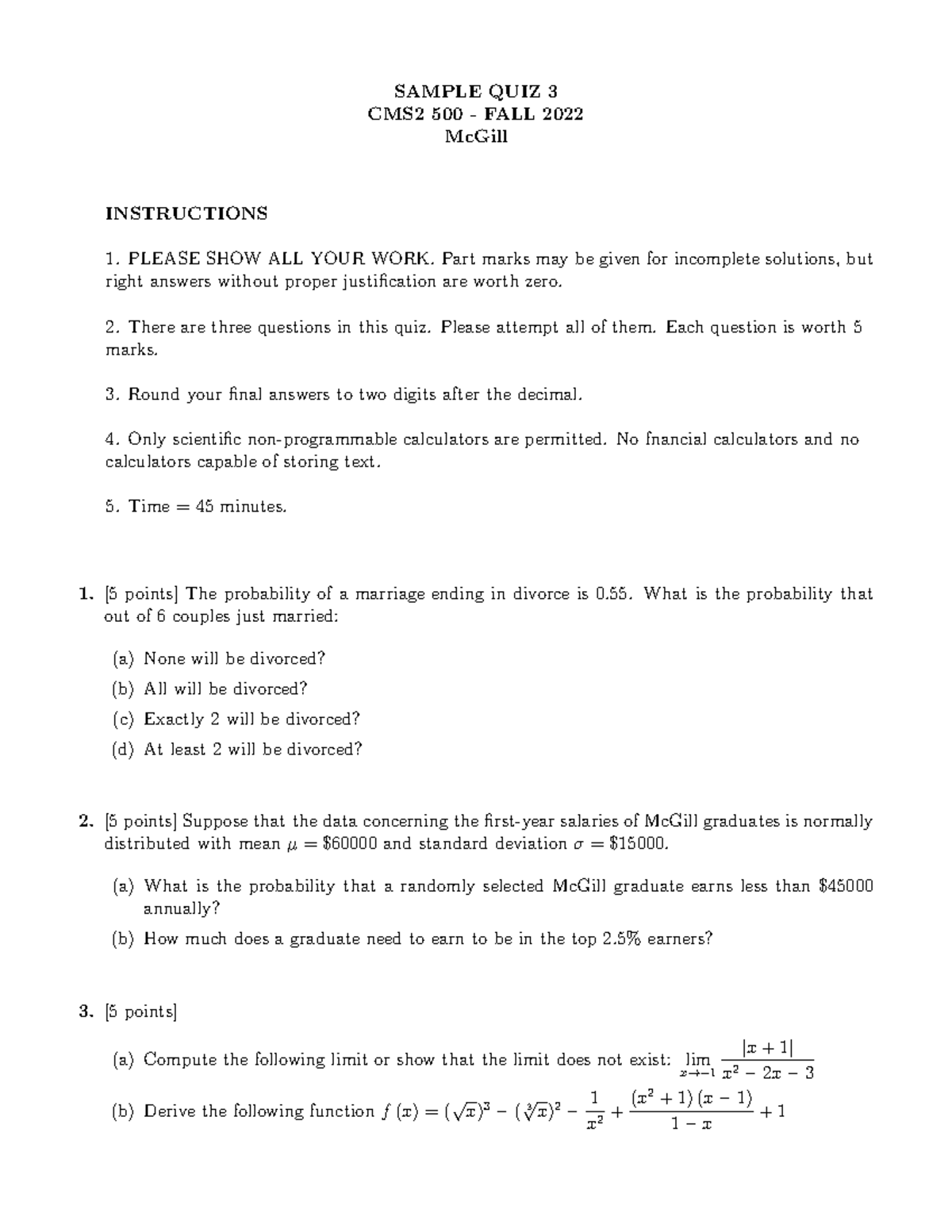 Sample Quiz 3 and Solutions - SAMPLE QUIZ 3 CMS2 500 - FALL 2022 McGill ...