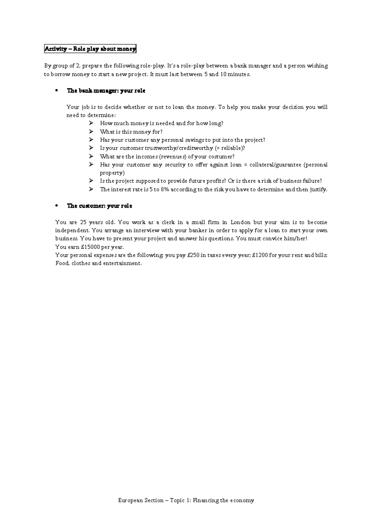 Role play - Role play about money and banking - European Section ...