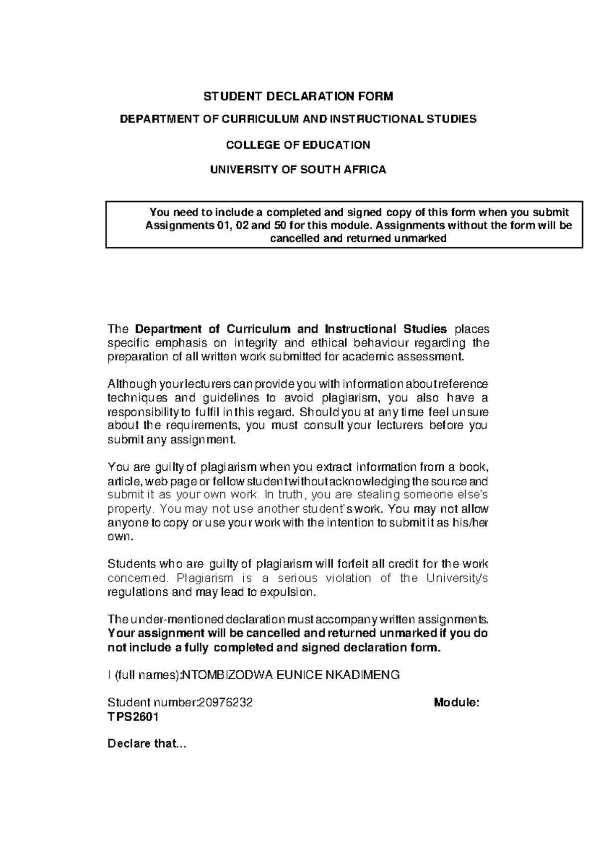 Student Debghbbb - STUDENT DECLARATION FORM DEPARTMENT OF CURRICULUM ...