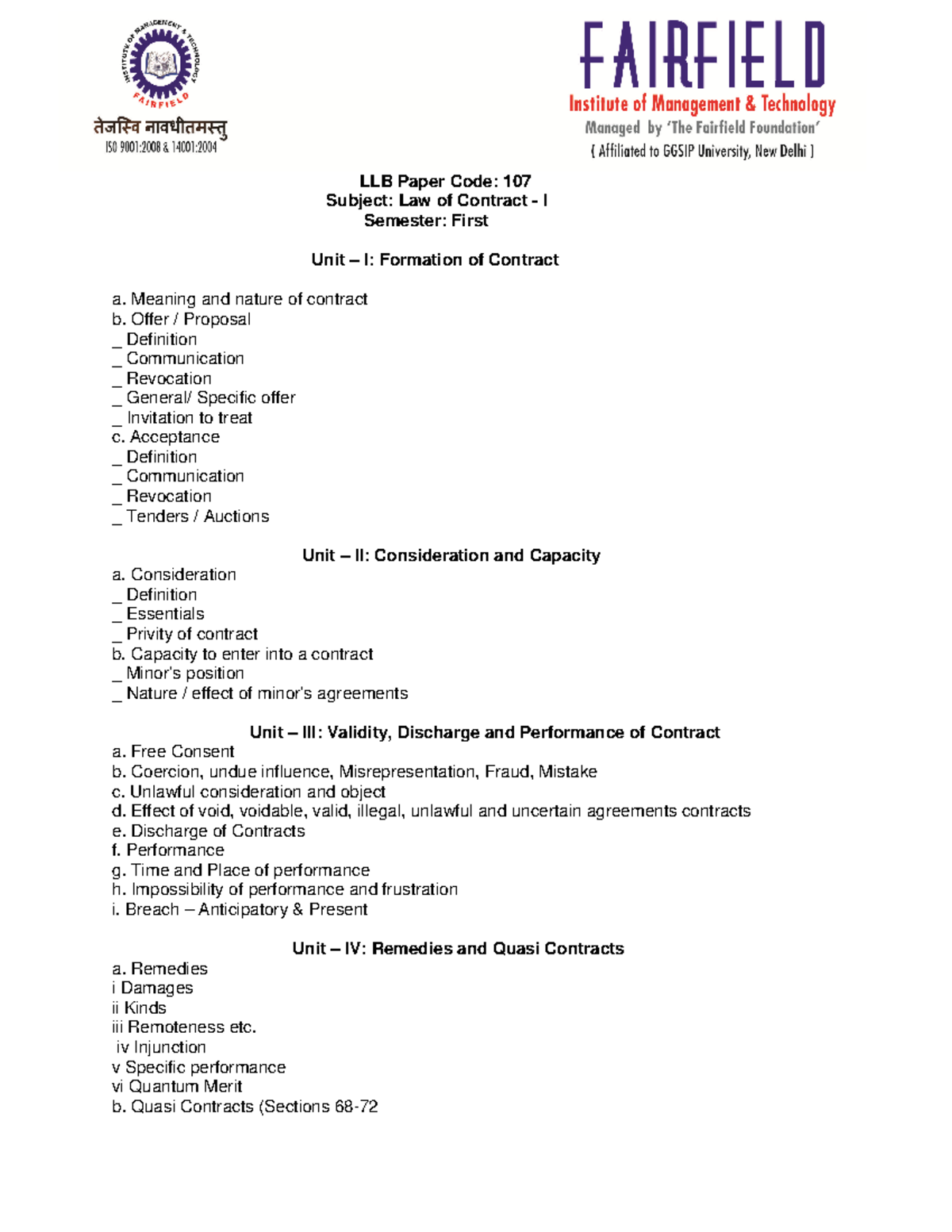 Contract FULL Notes - LLB Paper Code: 107 Subject: Law of Contract - I ...