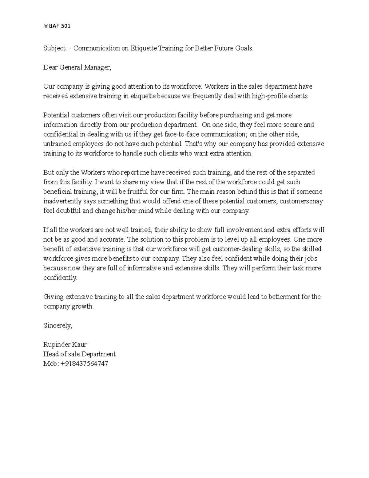 Email Assignment MBAF - MBAF 501 Subject: - Communication on Etiquette ...