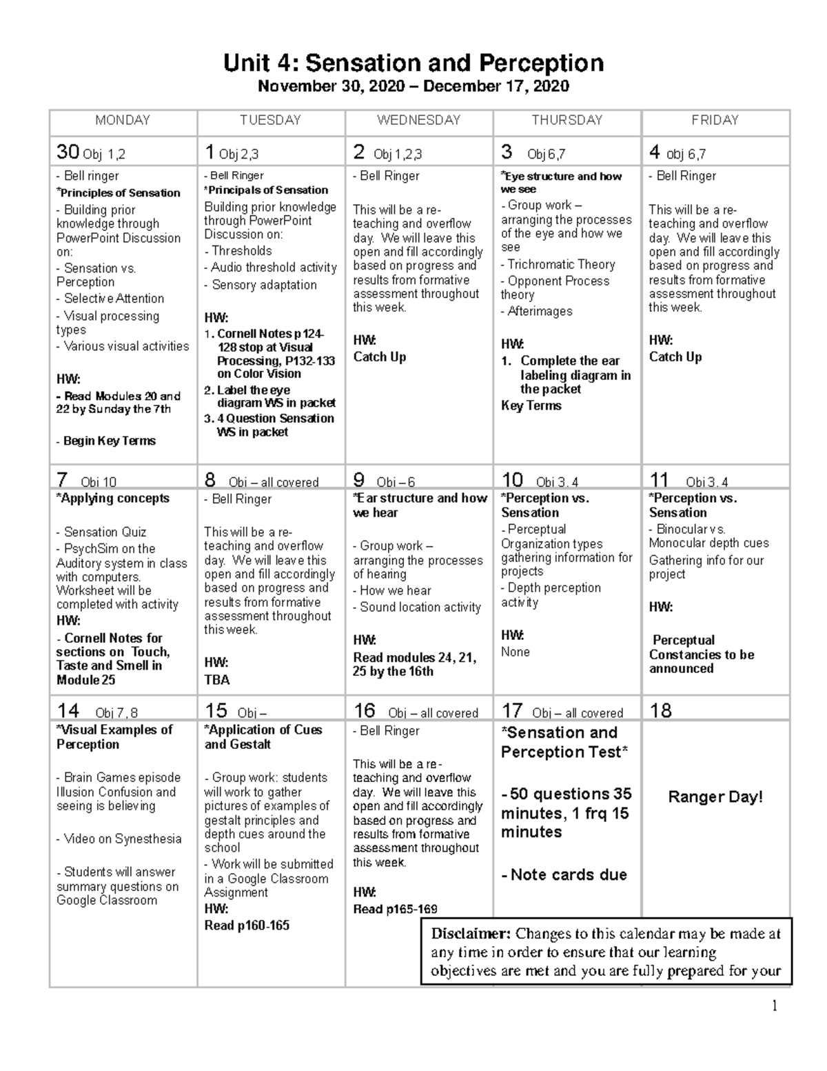 Sensation and Perception Packet - Unit 4: Sensation and Perception ...