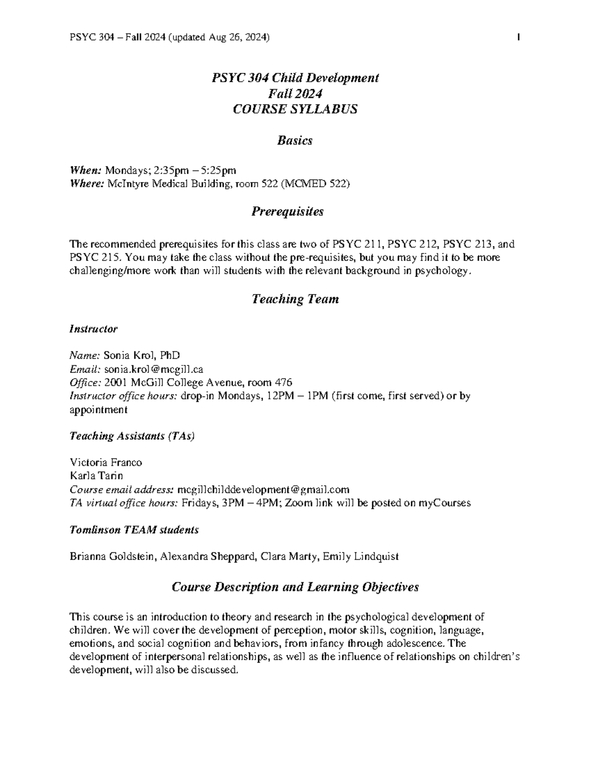 Syllabus PSYC 304 Fall 2024 - PSYC 304 Child Development Fall 202 4 ...