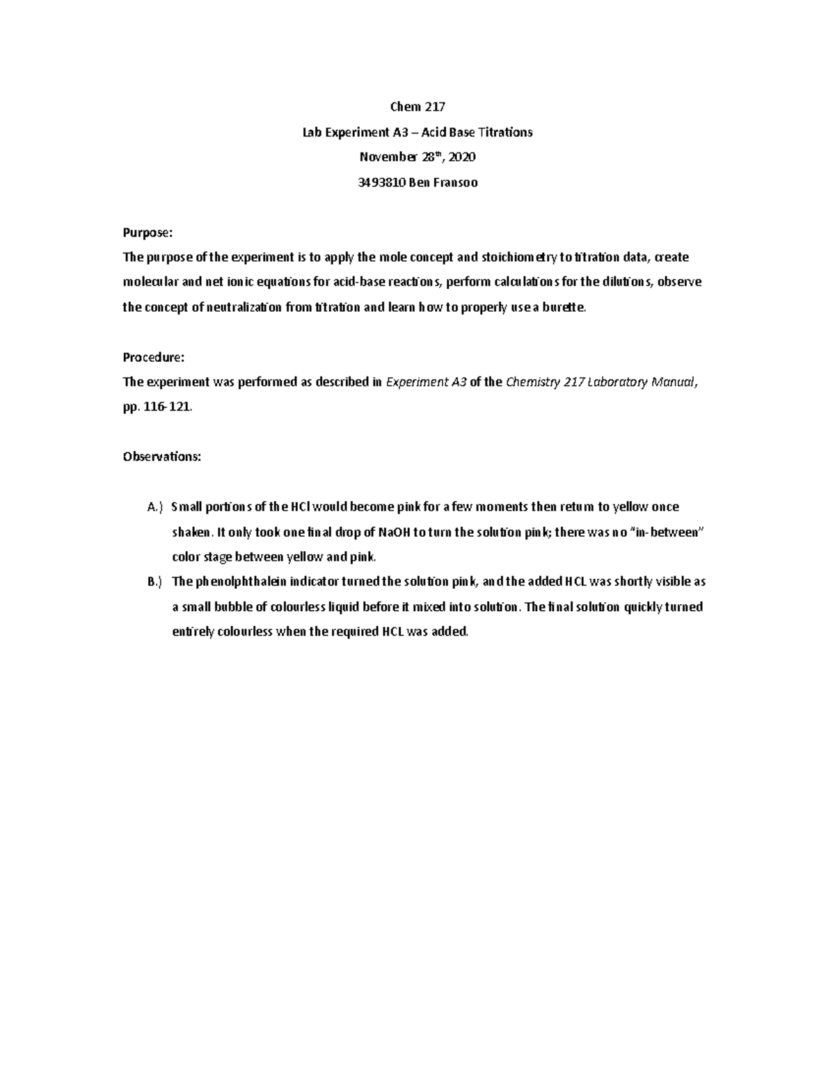 Chem 217 Lab 3 Report - Chem 217 Lab Experiment A3 – Acid Base ...